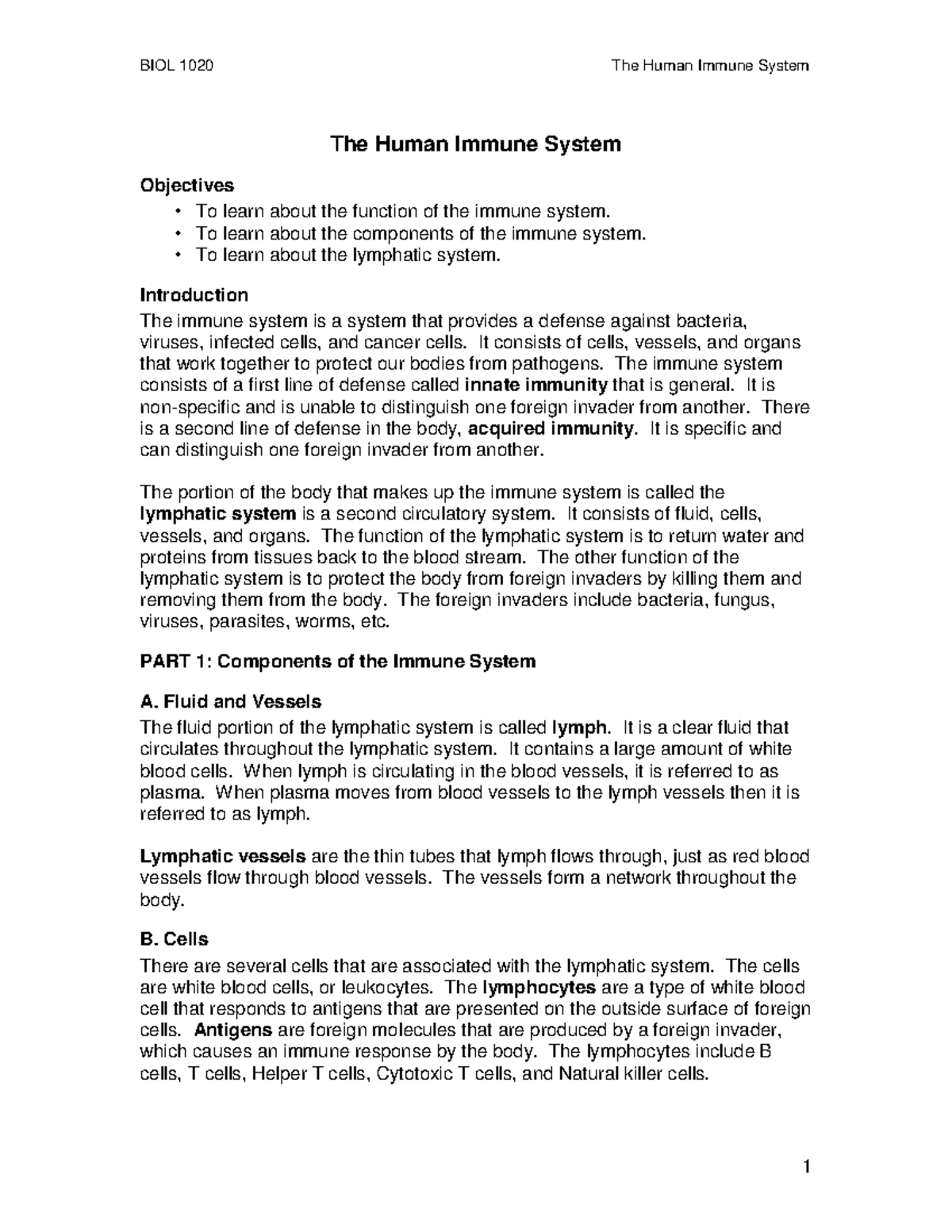 14 The Human Immune System BIOL 1020 - The Human Immune System ...