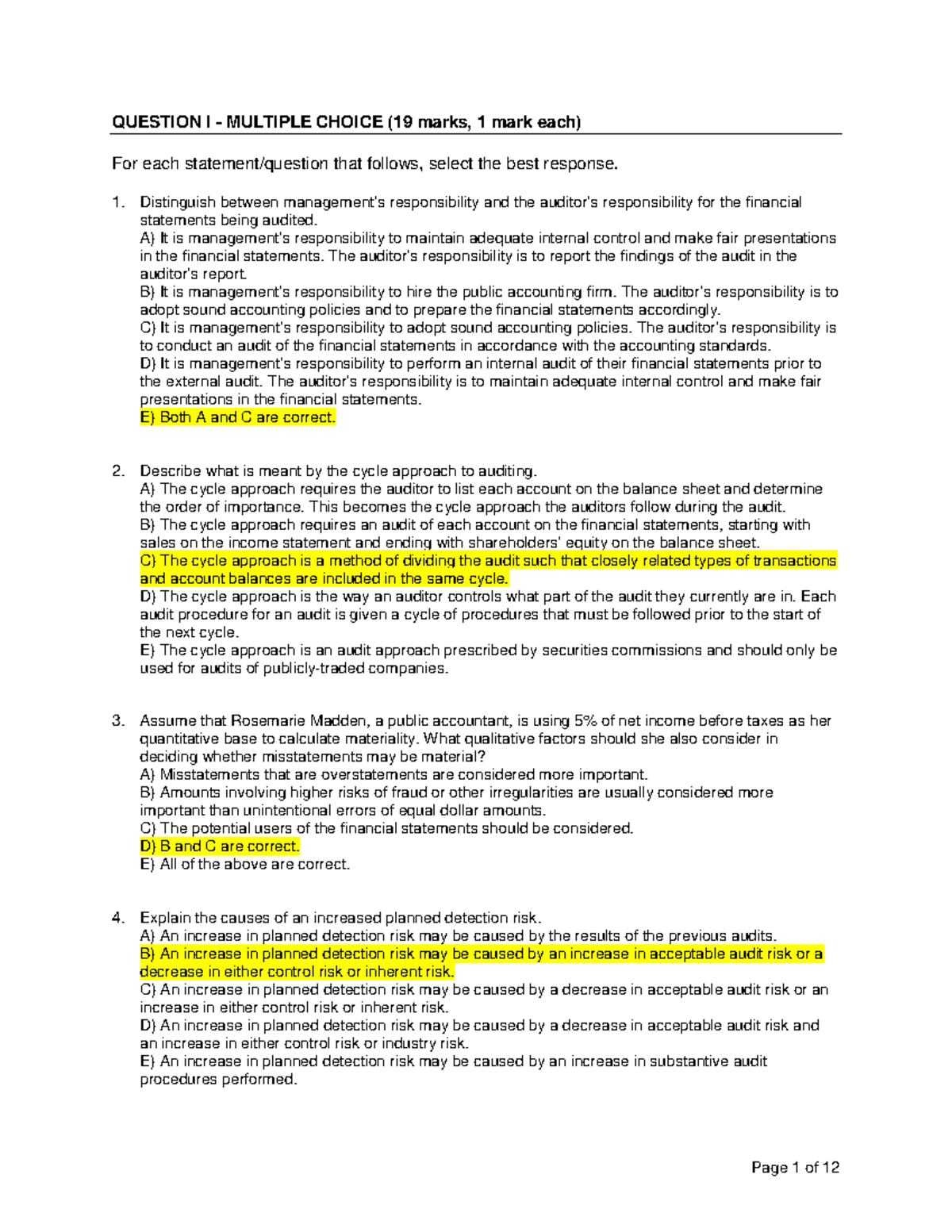 Audit exam review - QUESTION I - MULTIPLE CHOICE (19 marks, 1 mark each ...
