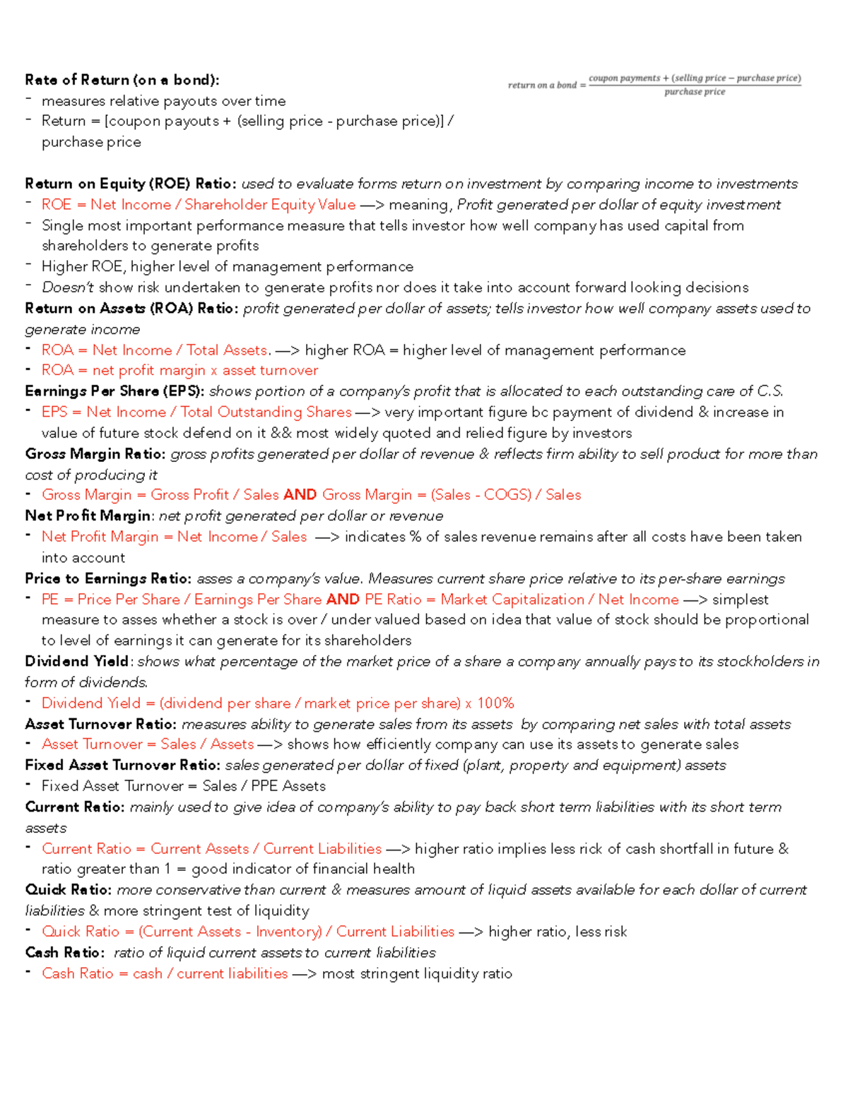 Exam 1 cheat sheet - Rate of Return (on a bond): - measures relative ...