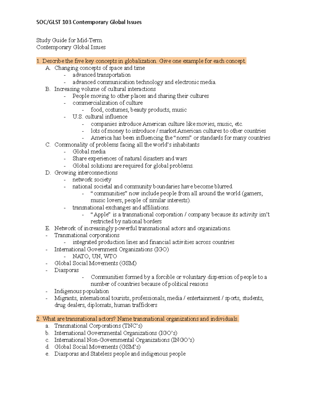 Study Guide for Mid Term - Contemporary Global Issues Describe the five ...