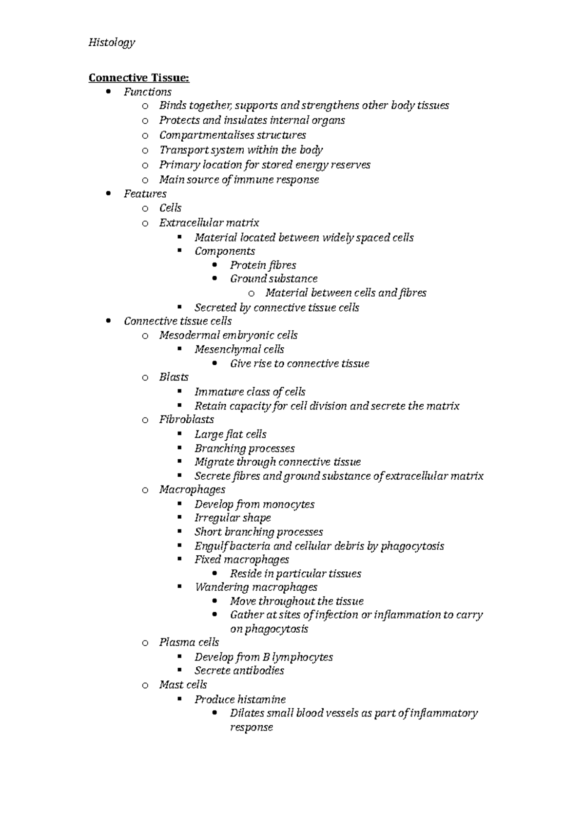 Connective Tissue Lecture Notes - Histology Connective Tissue ...