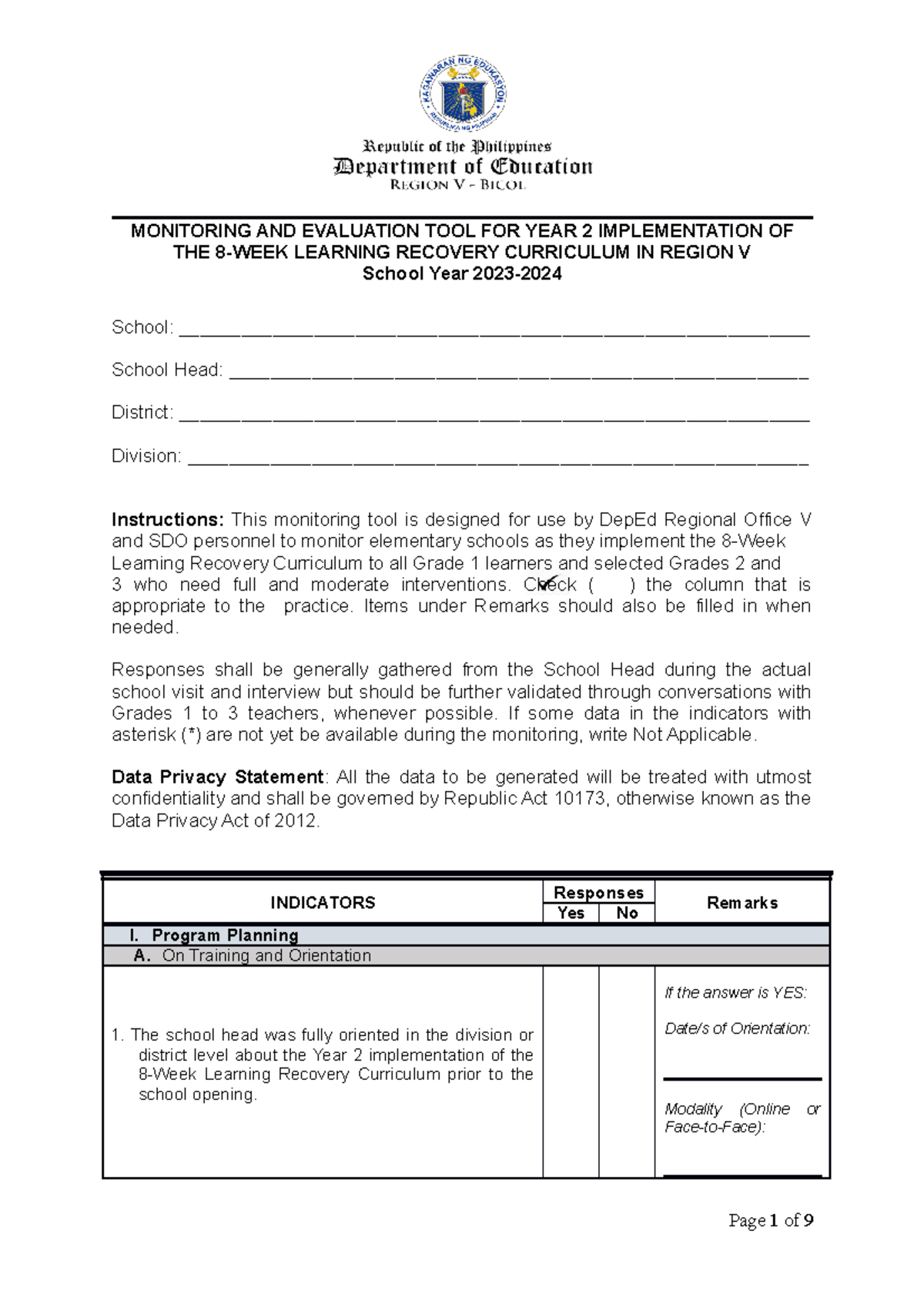 M E for the 8 Week LRC - Psychology is the study of behavior - MONITORING AND EVALUATION TOOL ...