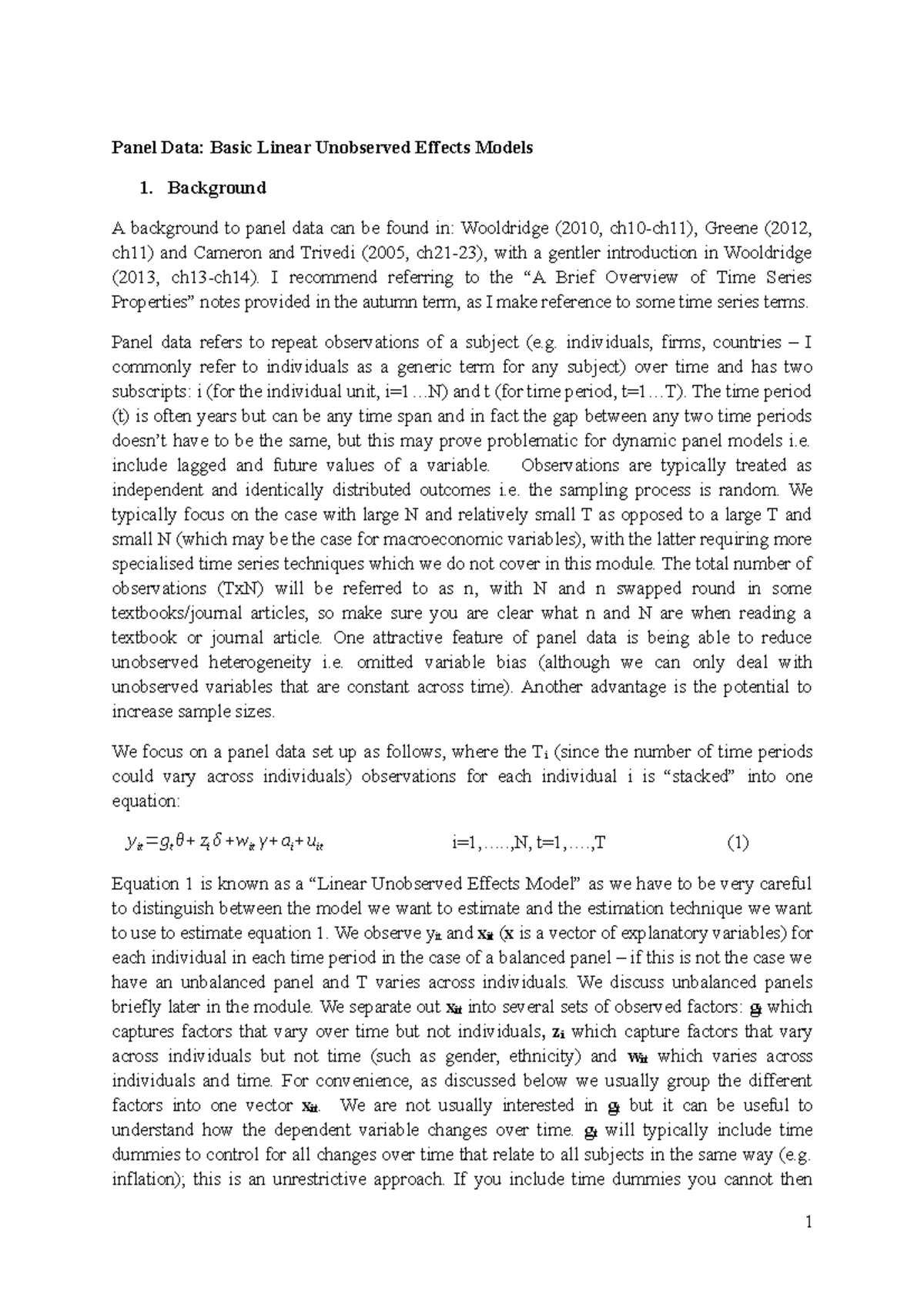 Panel notes - Panel Data: Basic Linear Unobserved Effects Models 1 ...