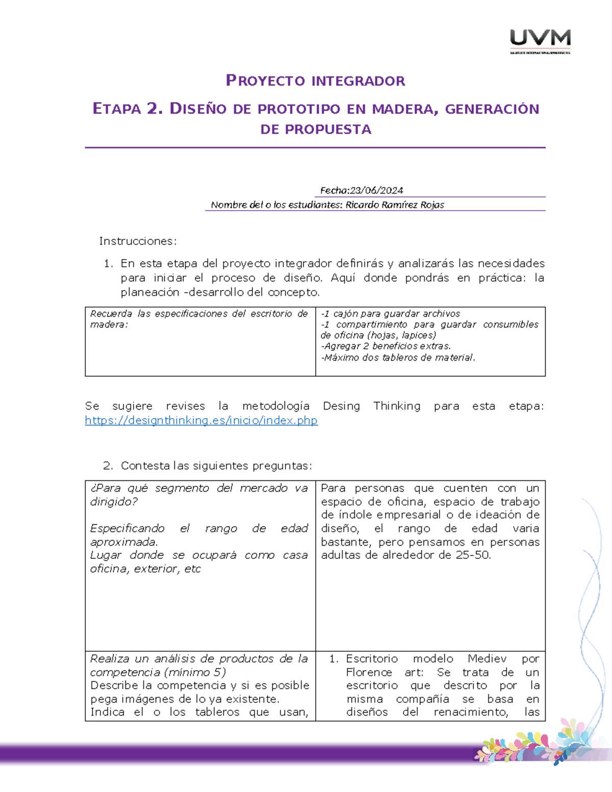 U6 Proyecto integrador E2 - PROYECTO INTEGRADOR ETAPA 2. DISEÑO DE PROTOTIPO EN MADERA ...