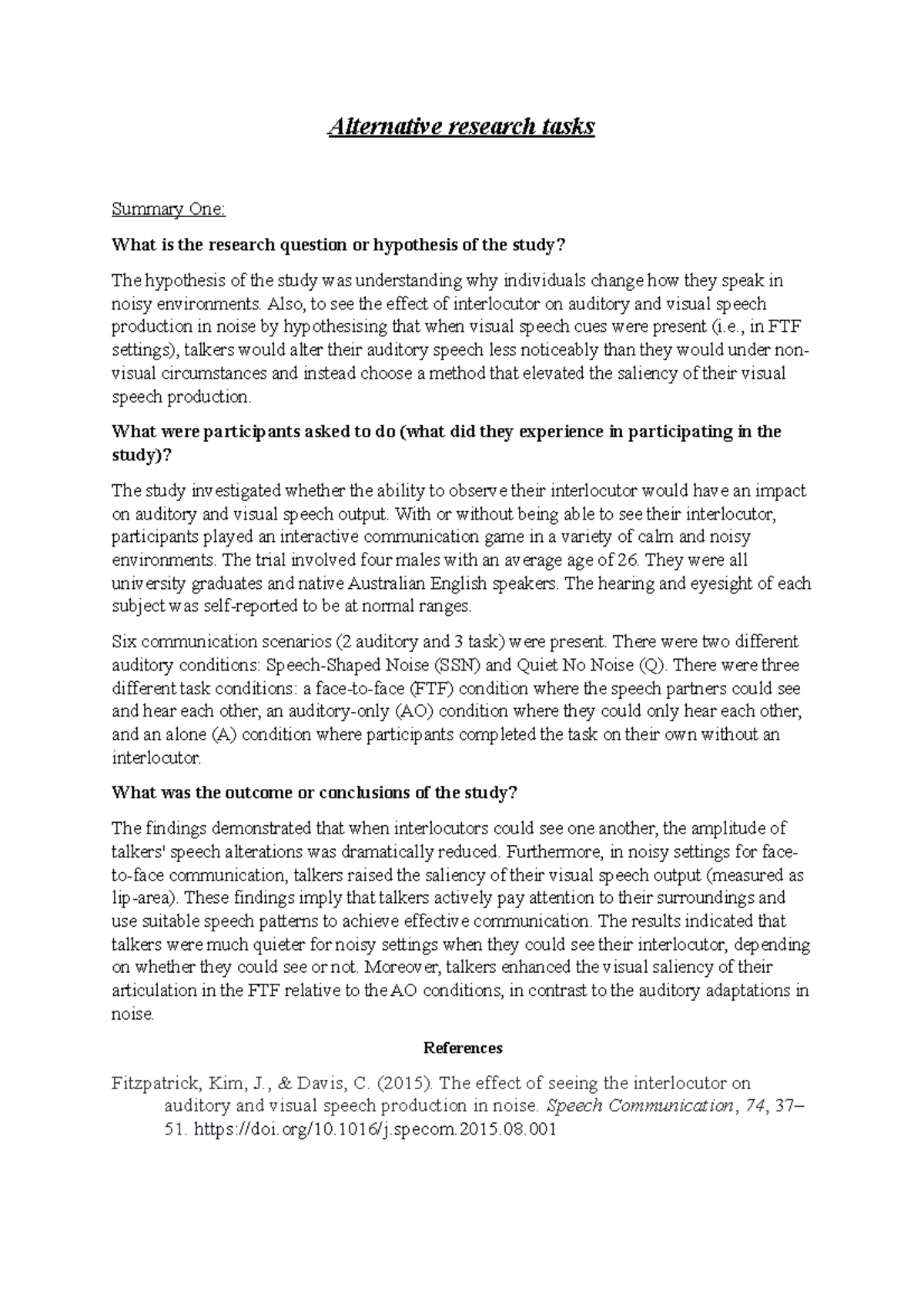 Alternative research tasks - Alternative research tasks Summary One ...