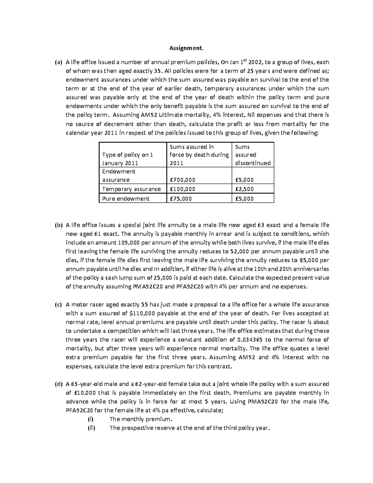 AM2Assignment - Assignment. (a) A life office issued a number of annual ...