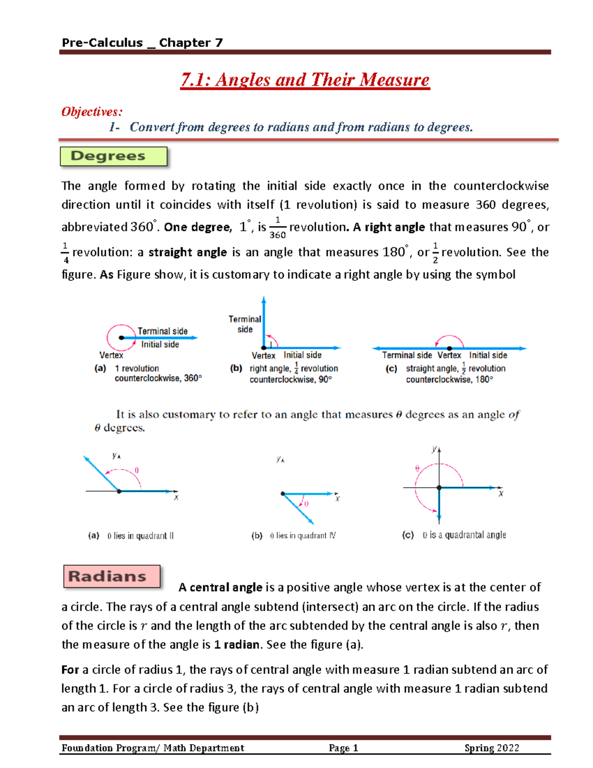 7.1 Angles and Their Measure-Spring 22 - Pre-Calculus _ Chapter 7 ...