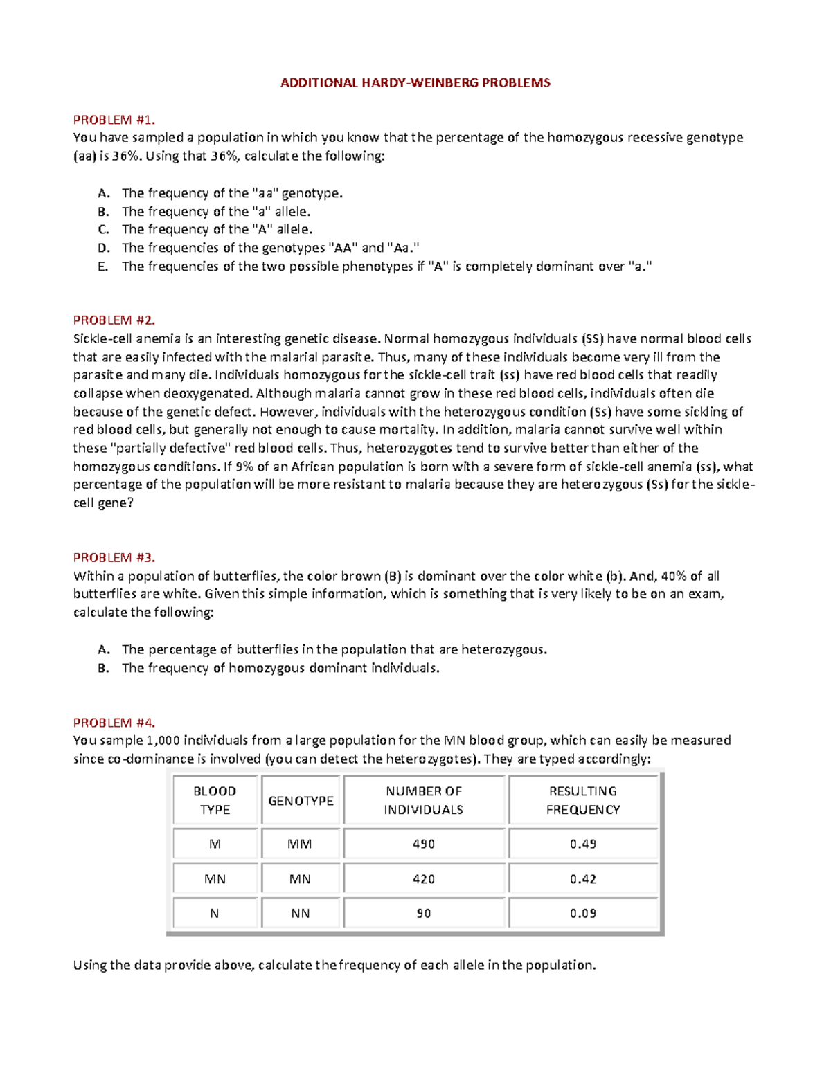 Additional Practice Hardy-Weinberg Problems - ADDITIONAL HARDY-WEINBERG ...