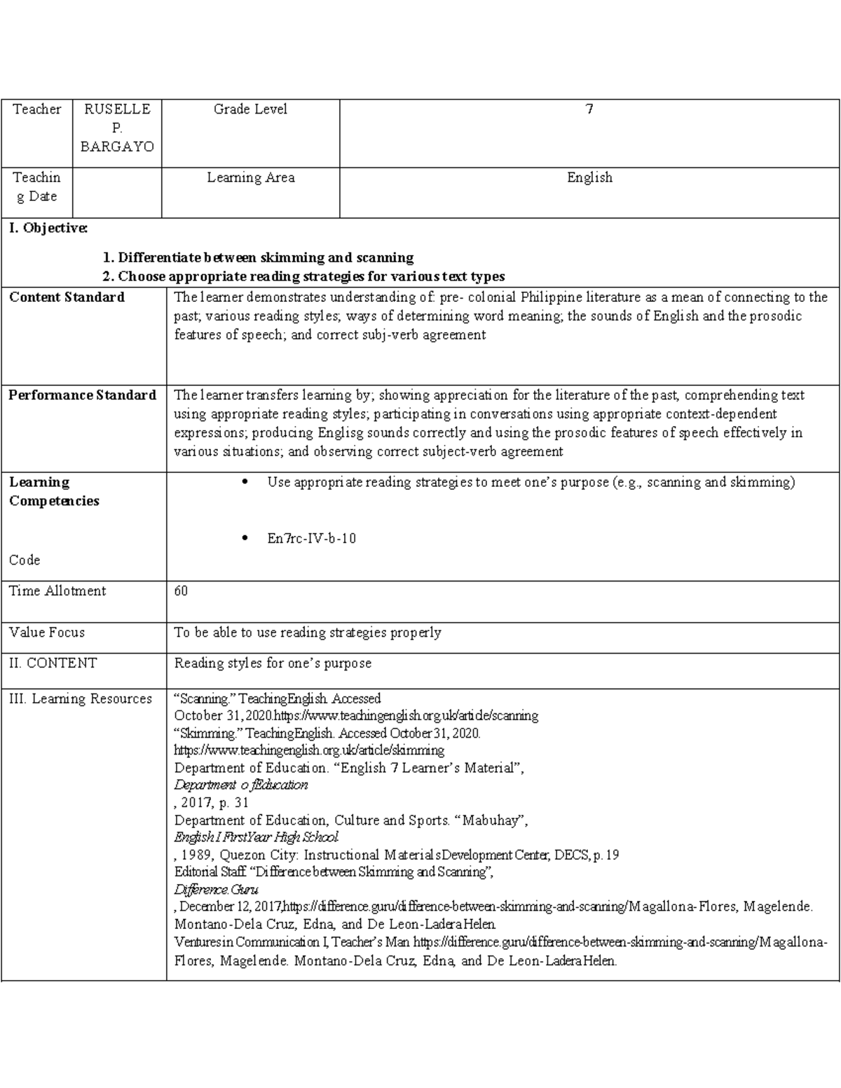 Lesson PLAN Skimming and Scanning - Teacher RUSELLE P. BARGAYO Grade ...