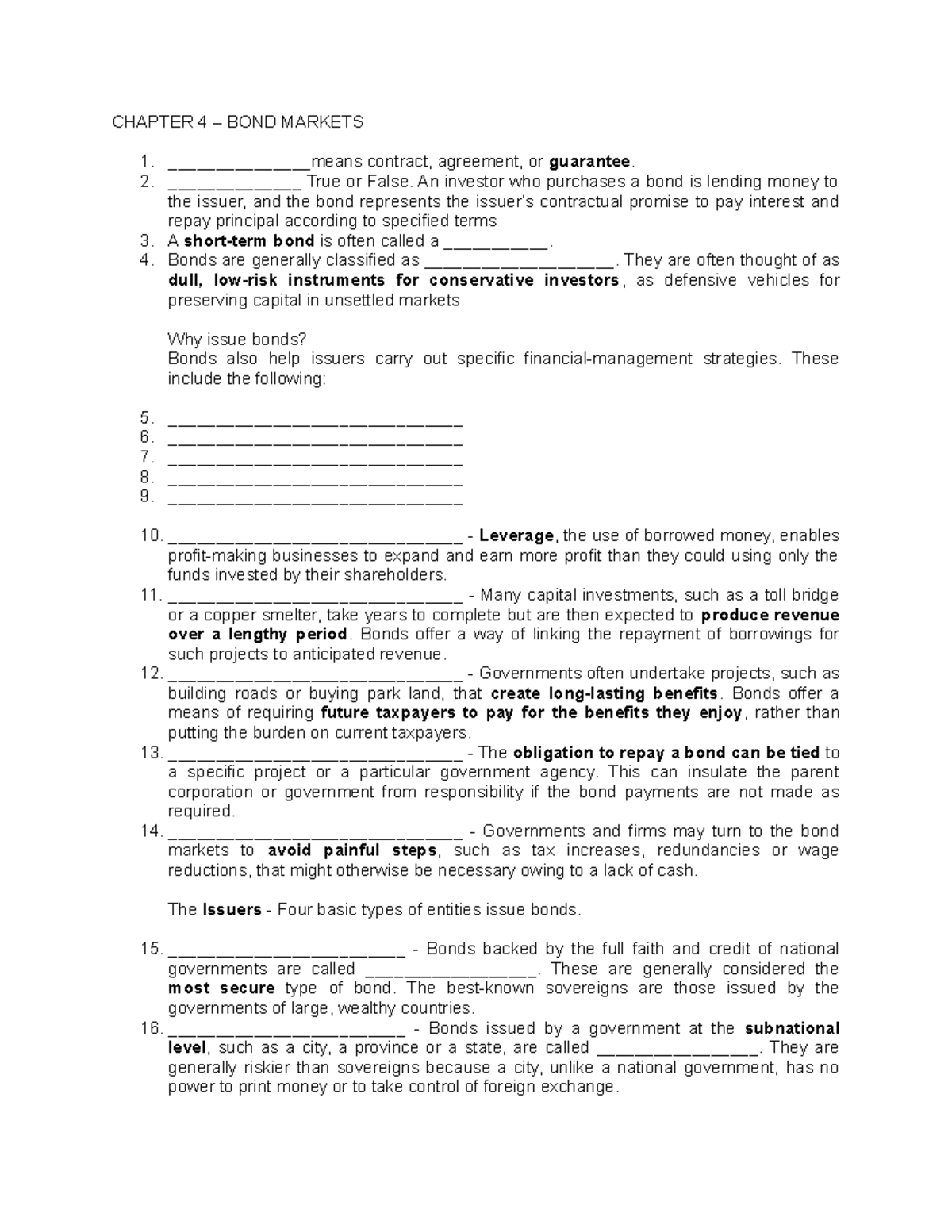 Bonds questions financial market - CHAPTER 4 – BOND MARKETS ...