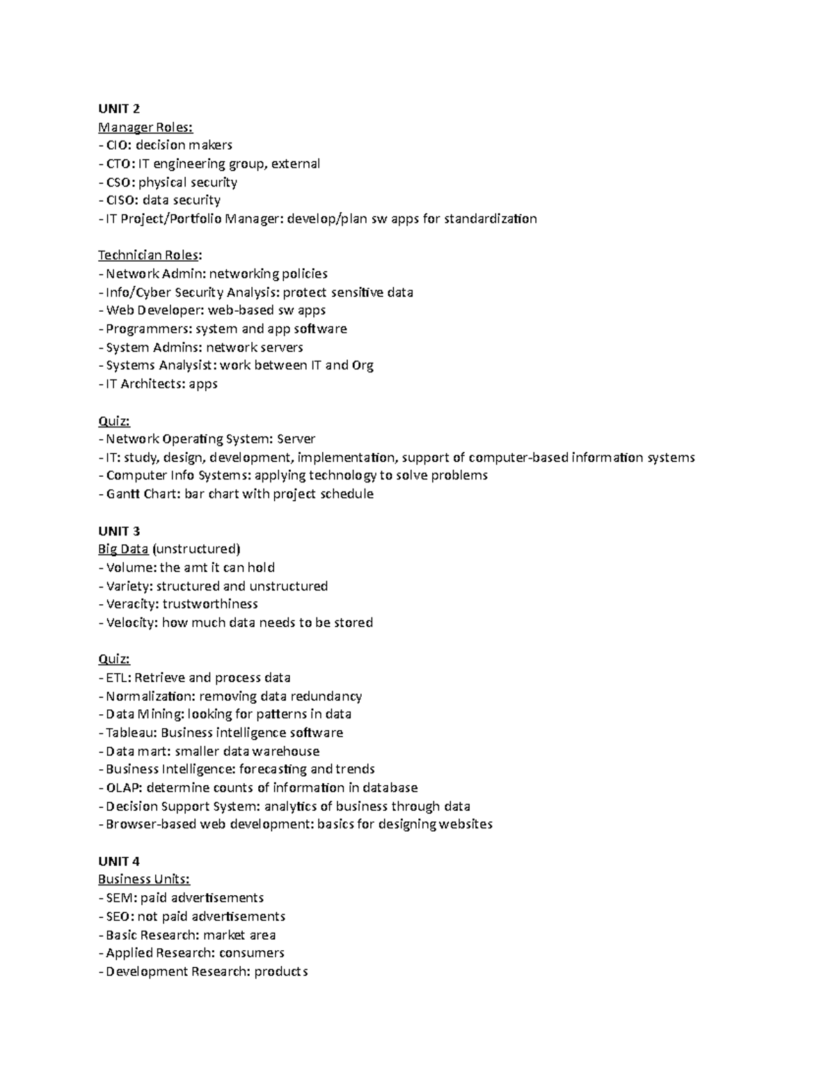 D075 IT Management Notes - UNIT 2 Manager Roles: CIO: decision makers ...