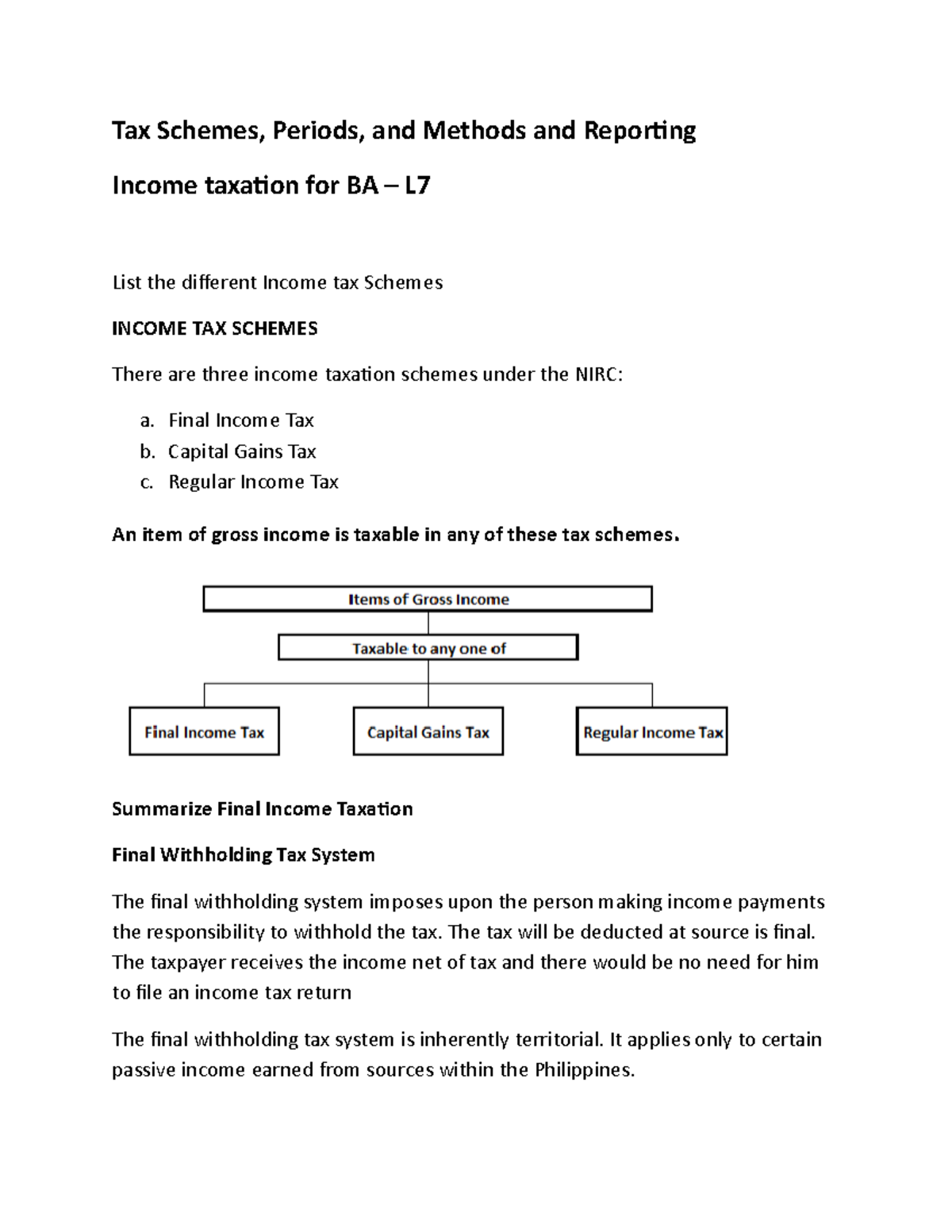 Income Taxation - 7 - Lecture notes - Tax Schemes, Periods, and Methods ...