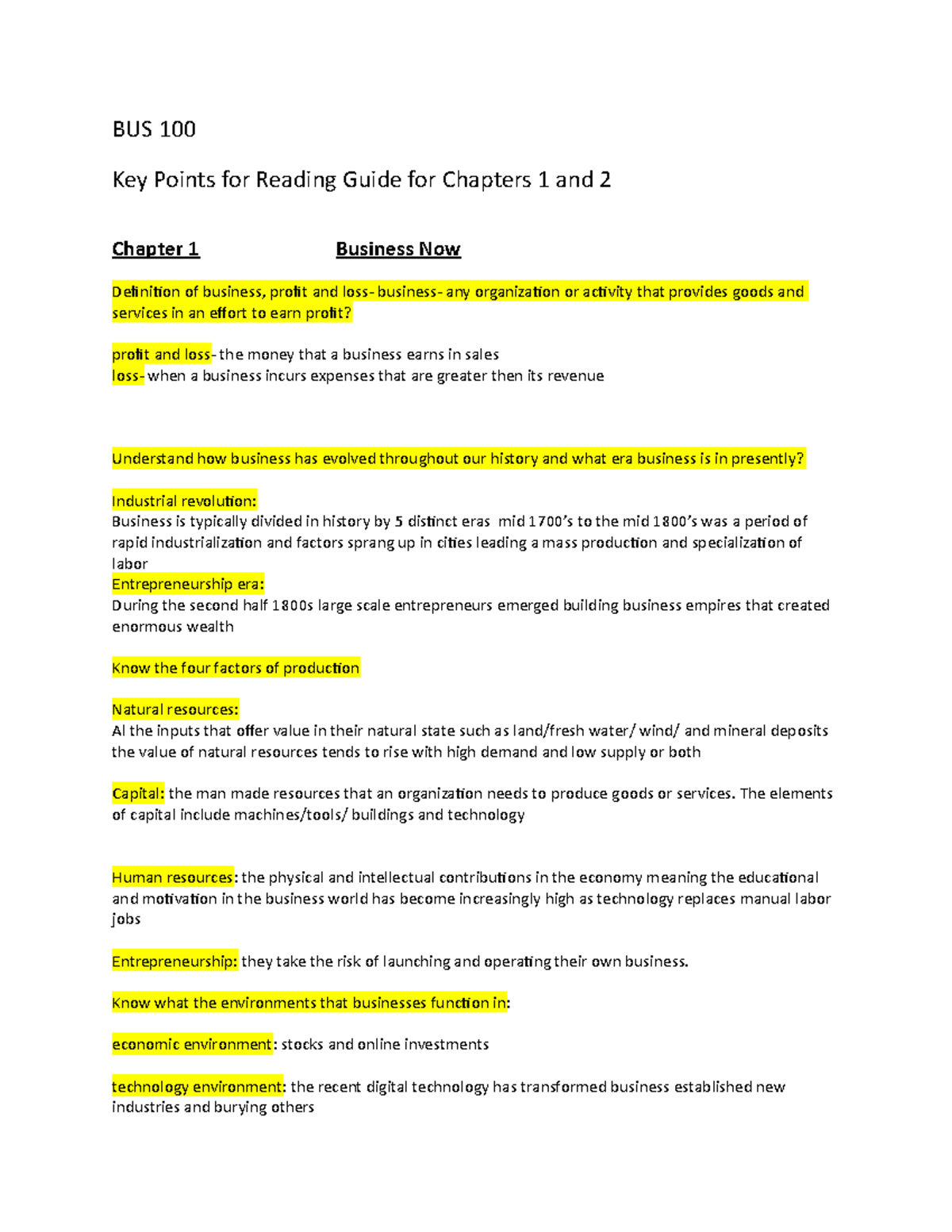 Reading Guide 1 Chapters 1, 2 - BUS 100 Key Points for Reading Guide ...