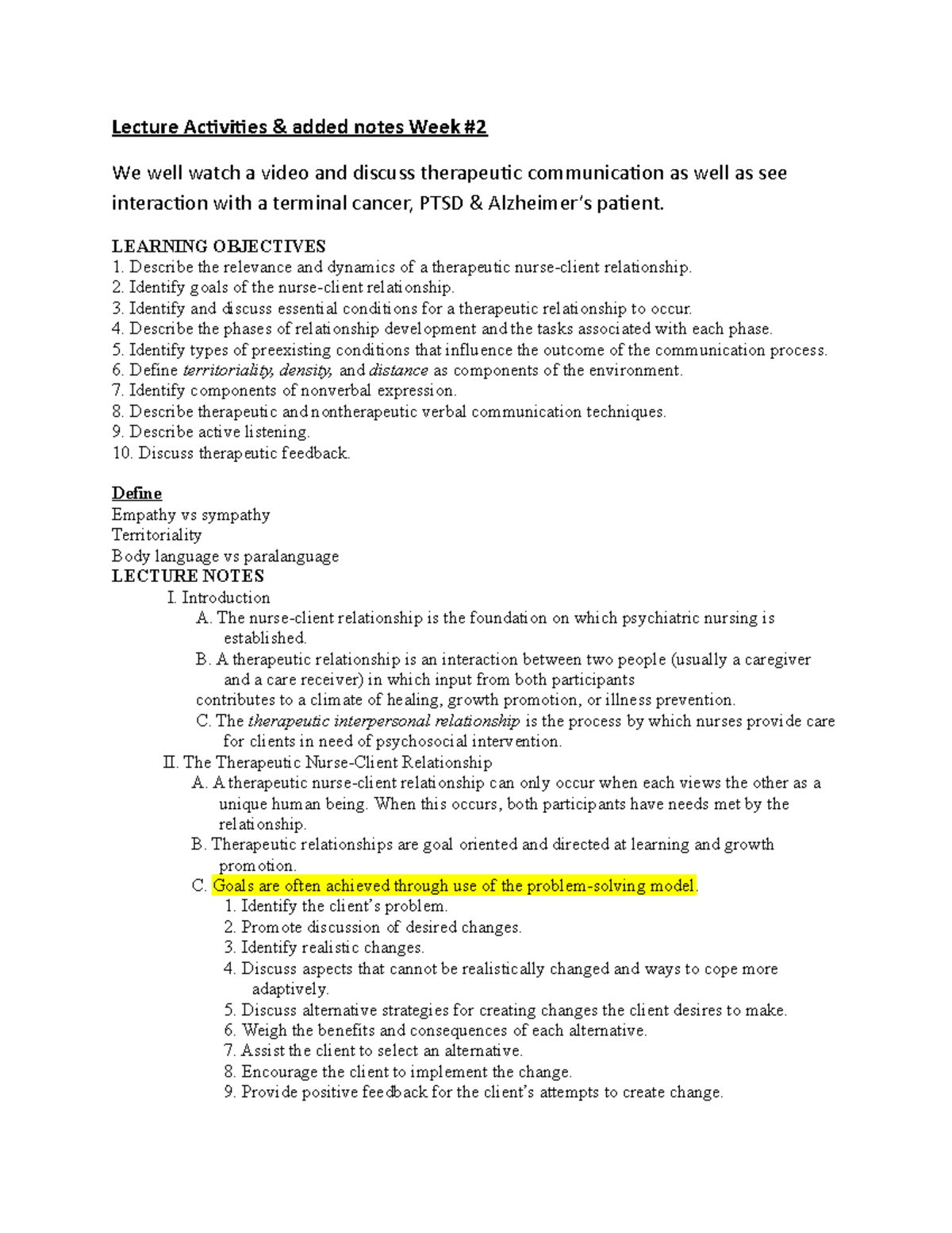 Therapeutic Communication Handout - Lecture Activities & added notes ...