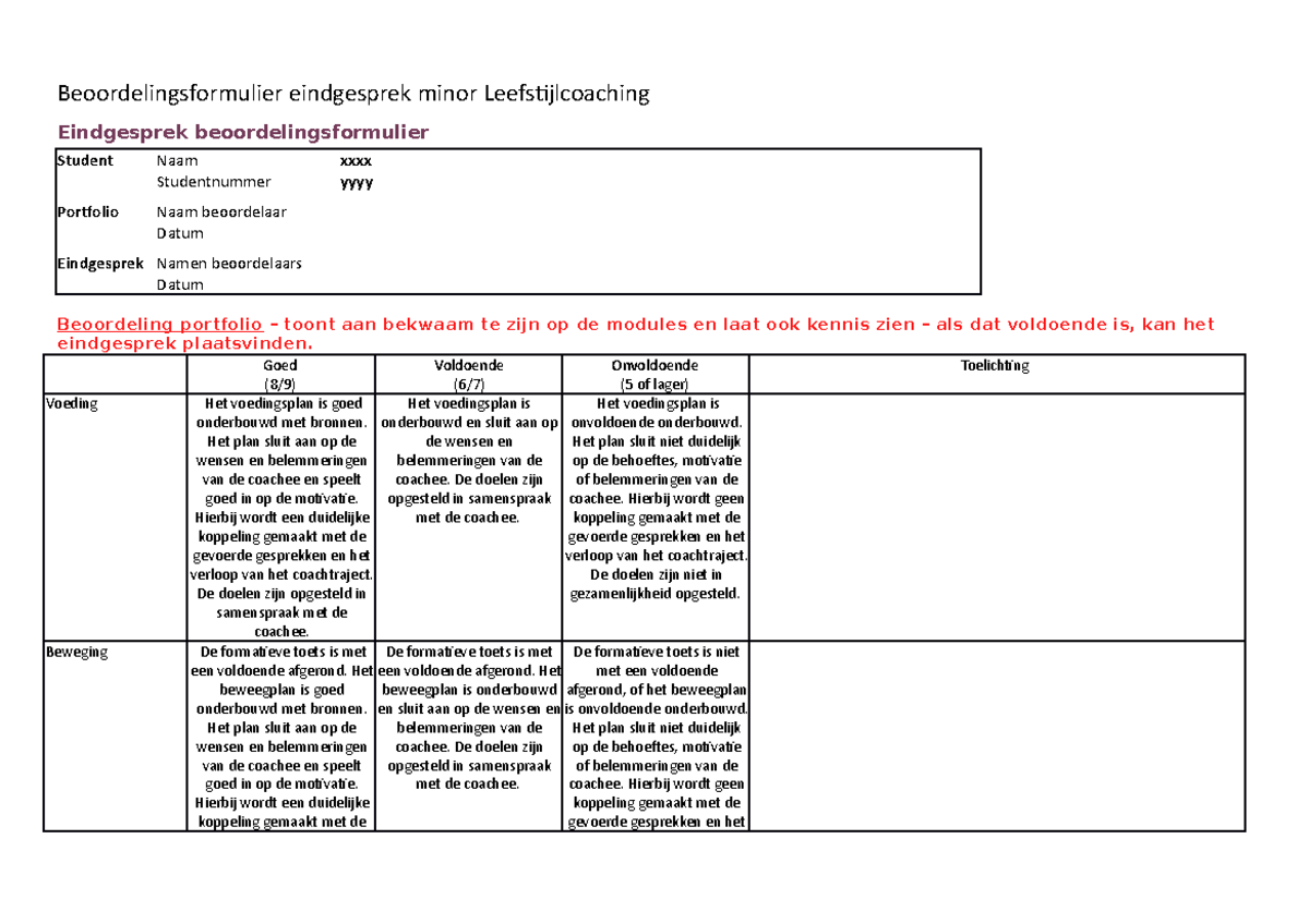 Beoordelingsformulier Minor Leefstijlcoaching - Beoordelingsformulier ...