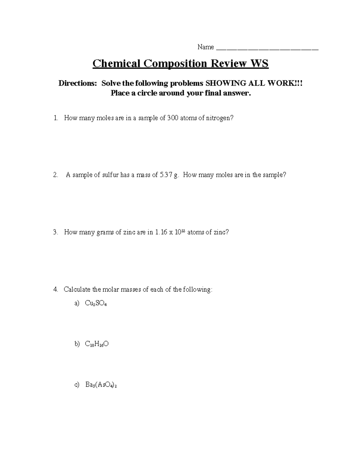 Unit Review WS - Name _____________________________ Chemical ...