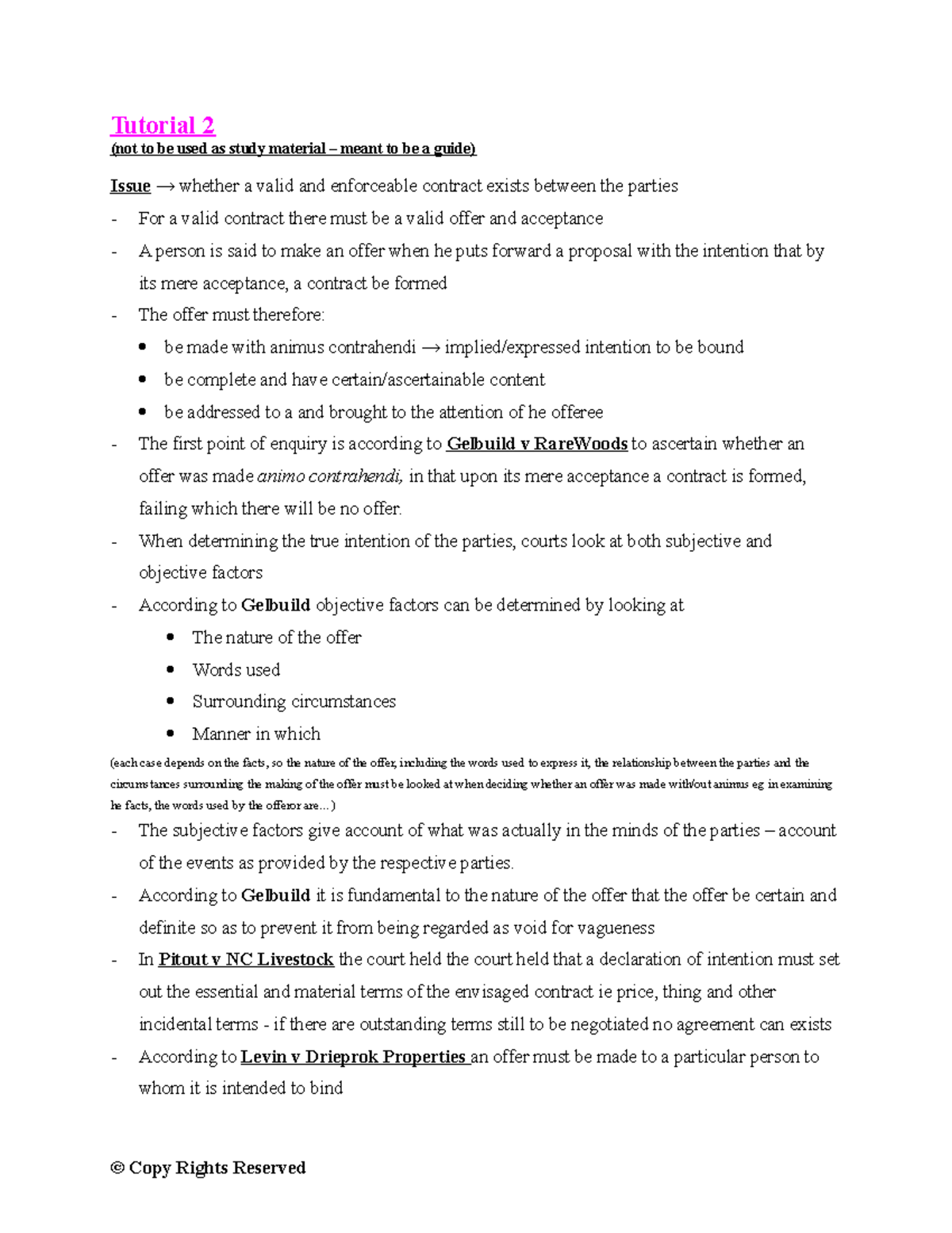 Tutorial 2 - Issue → whether a valid and enforceable contract exists ...