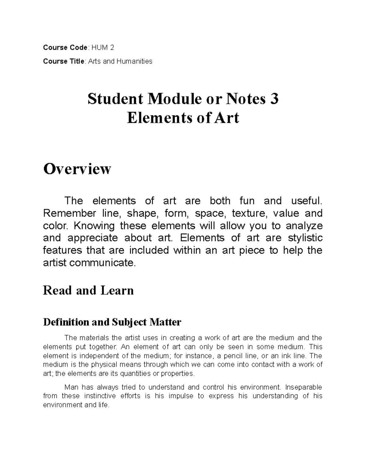Student Module or Notes 3 in Arts & Huminities - Course Code : HUM 2 ...