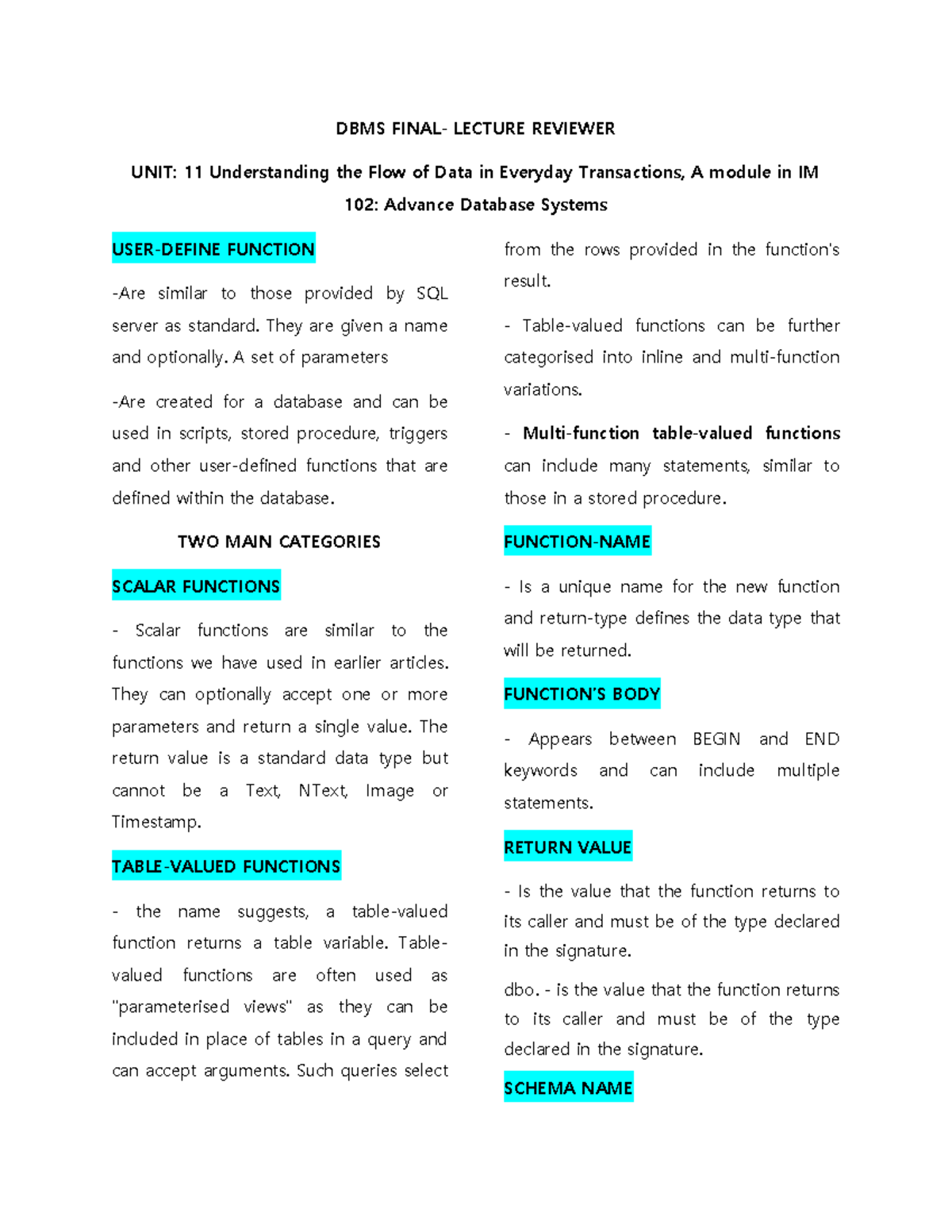 DBMS Final Lecture UNIT 11 16 - DBMS FINAL- LECTURE REVIEWER UNIT: 11 Understanding the Flow of ...