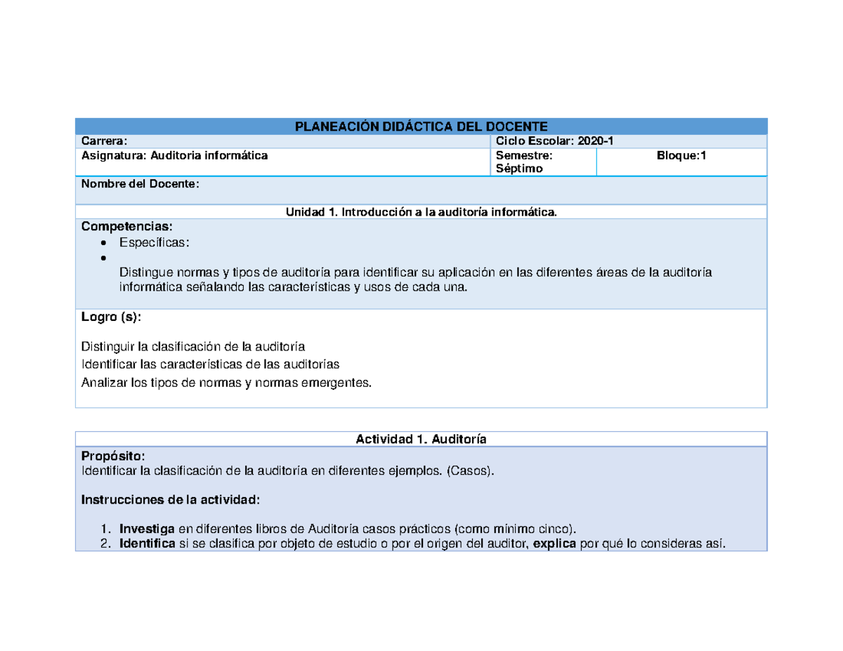 KAIN Planeacion de actvidades U1-2020 - Warning: TT: undefined function: 32 PLANEACIÓN DIDÁCTICA ...