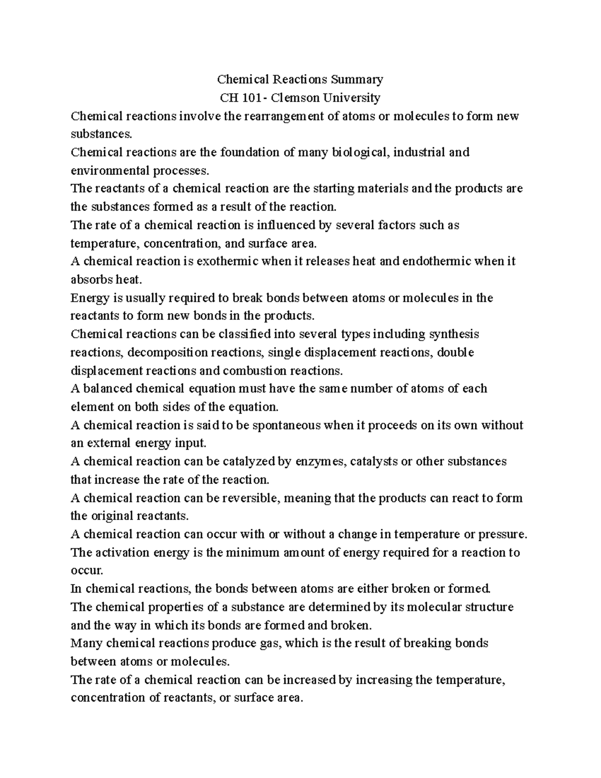 Chemical Reactions Summary - Chemical reactions are the foundation of ...