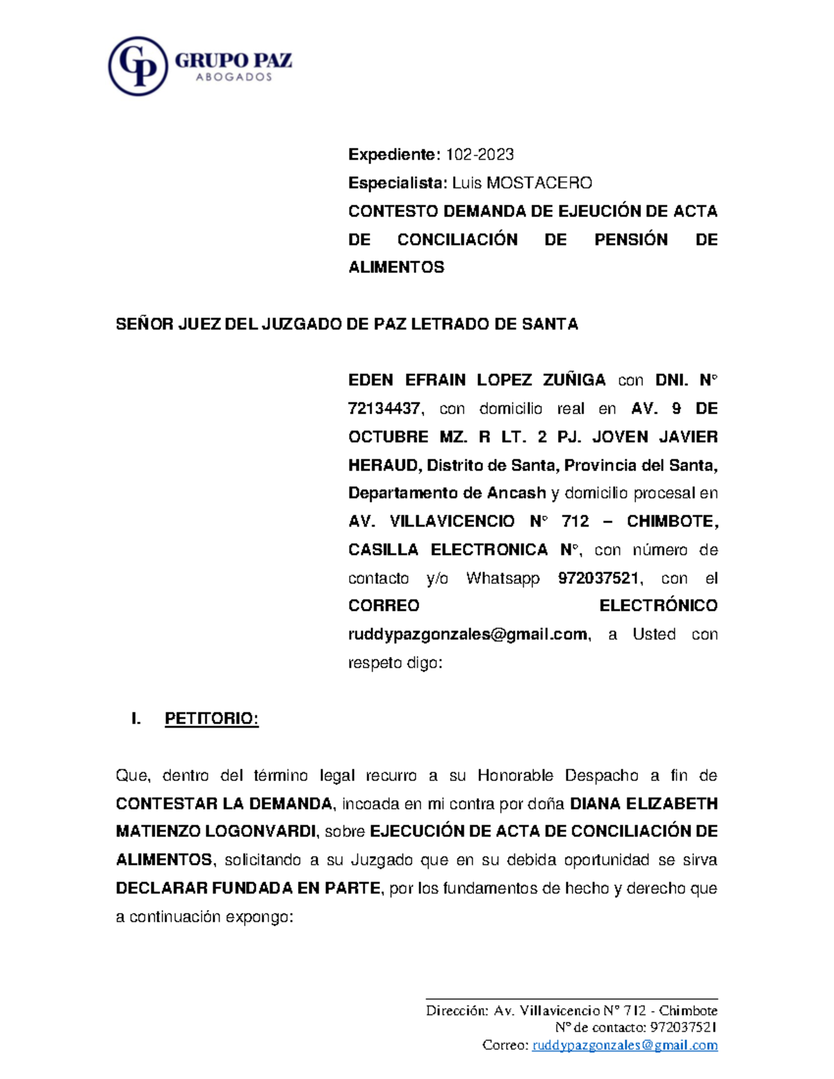 Contesto Demanda DE Ejecución DE Conciliación CASO EDEN Lopez EXP. 2050 ...