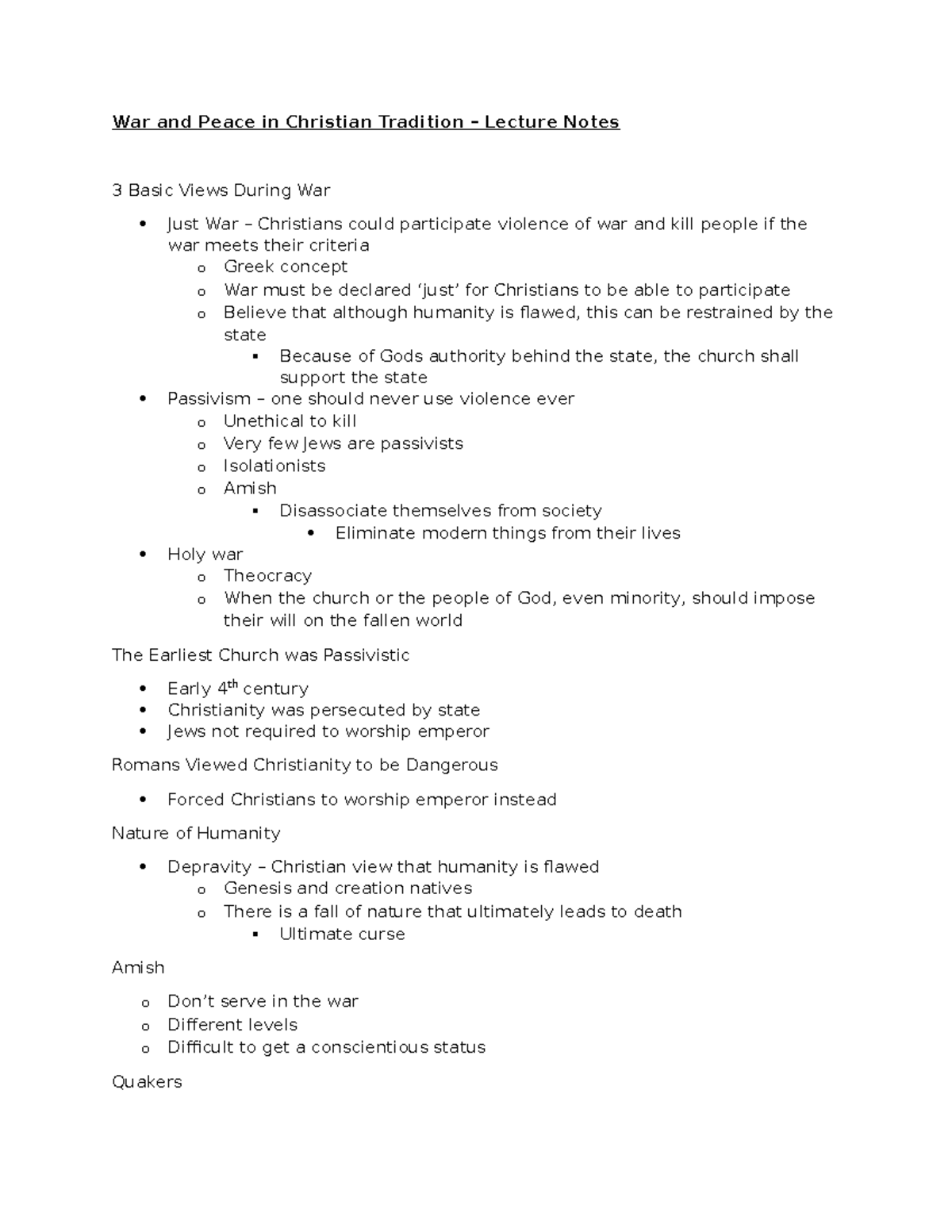 War and Peace in Christian Tradition - Lecture Notes - Studocu