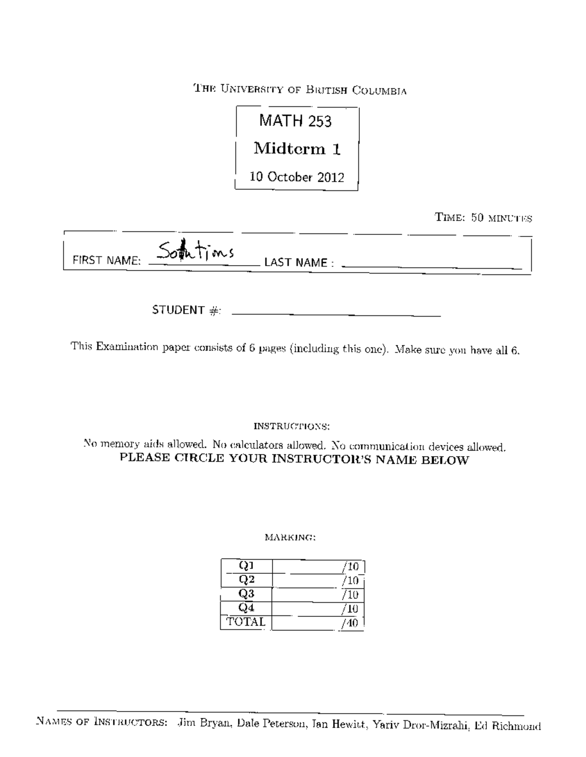 2012 MT1solns - Solutions for problems - MATH 251 - Studocu