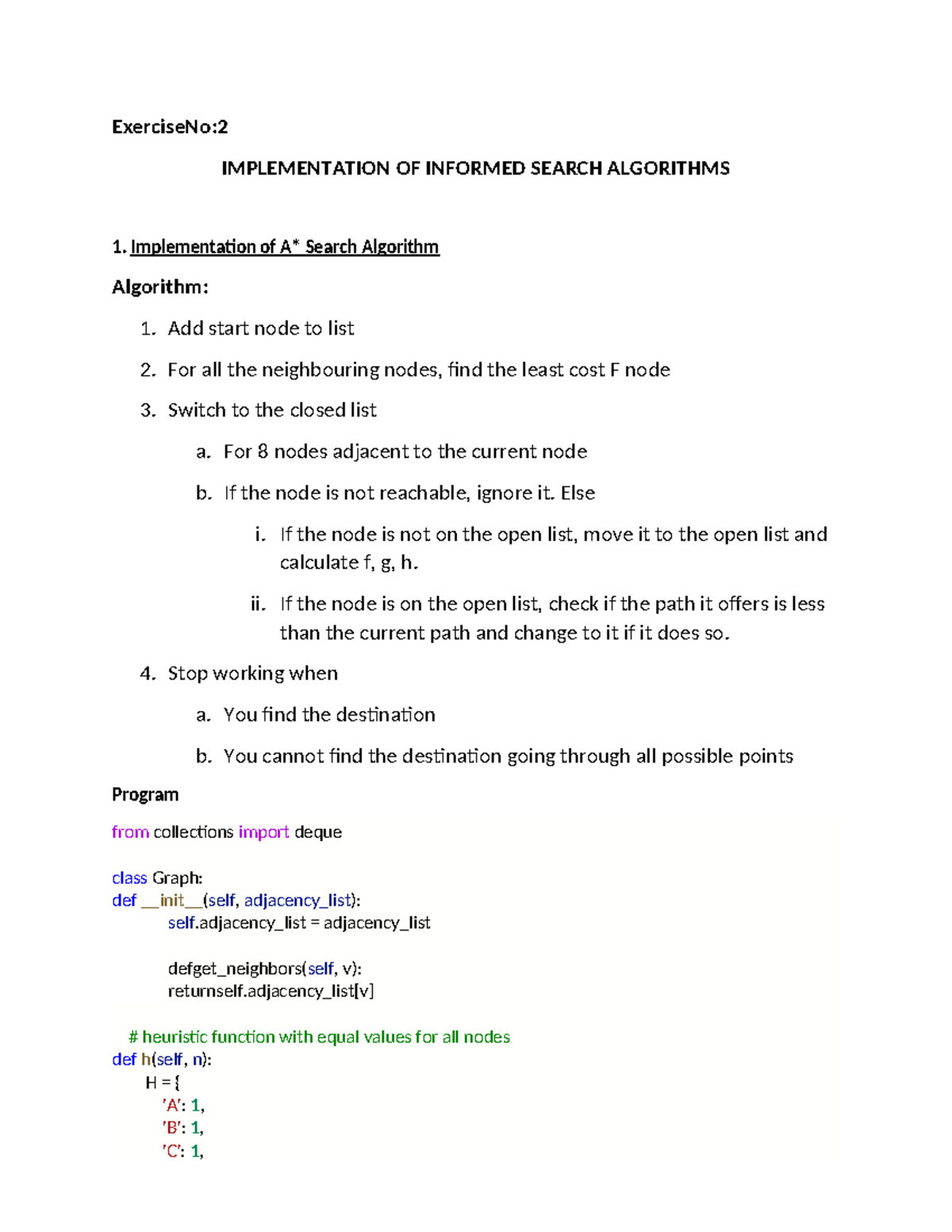 Experiment 2 - AIML EXCERCISE - ExerciseNo: IMPLEMENTATION OF INFORMED SEARCH ALGORITHMS - Studocu