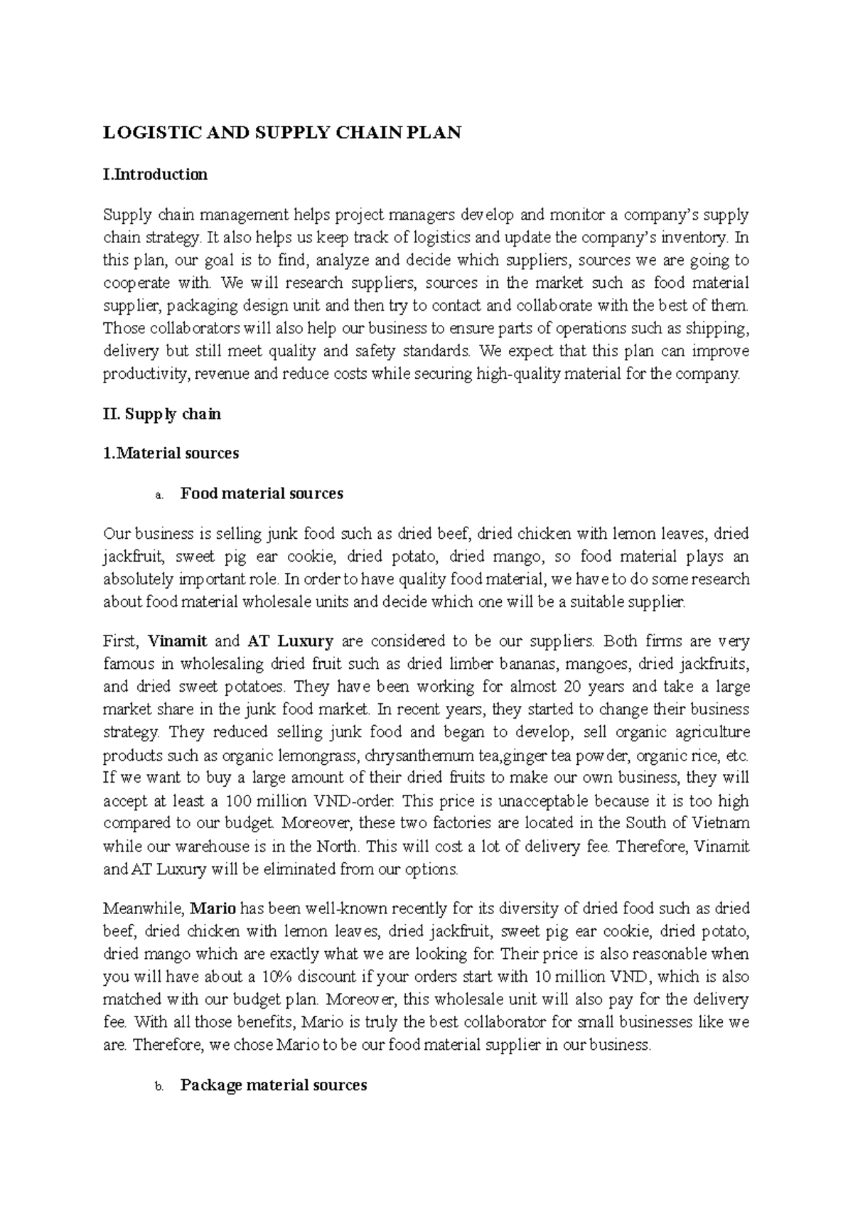 Logistic And Supply Chain Plan Logistic And Supply Chain Plan I