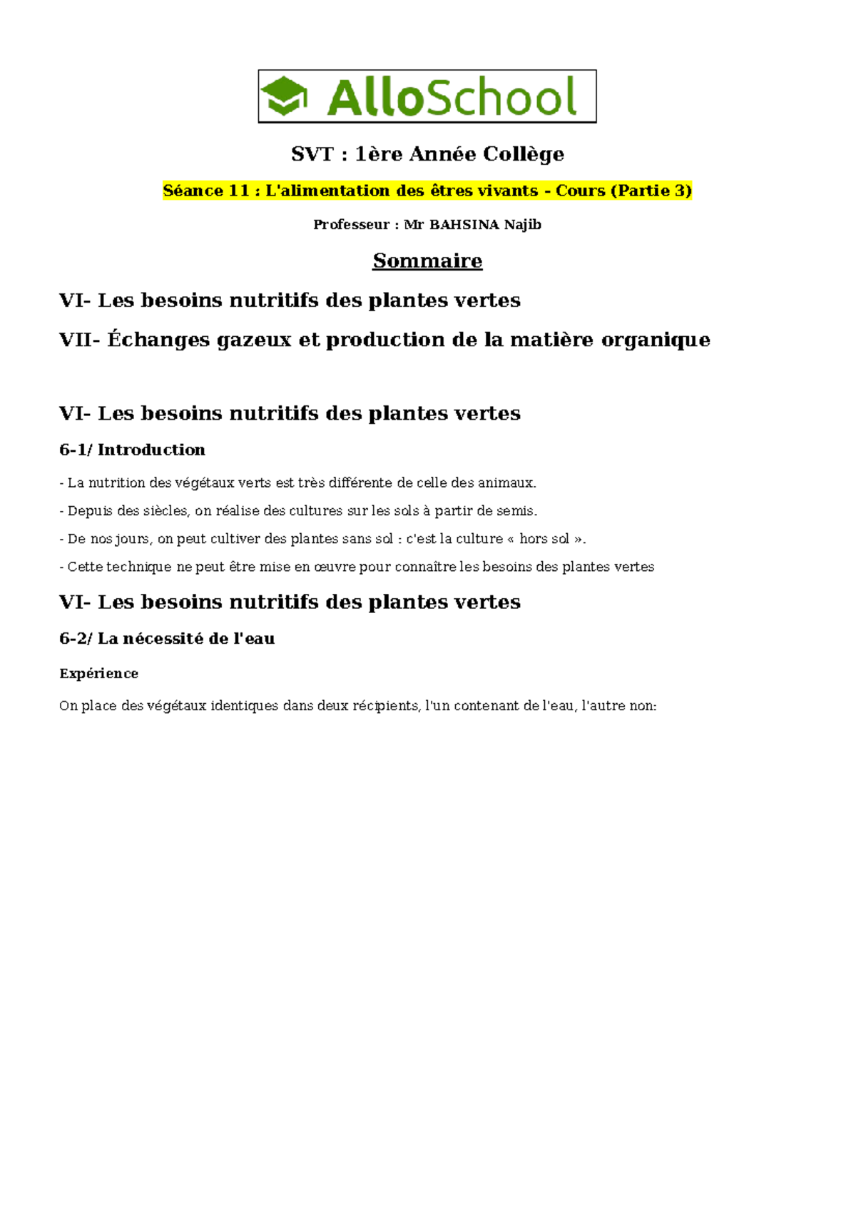 Seance 11 l alimentation des etres vivants cours partie 3 - SVT : 1ère ...