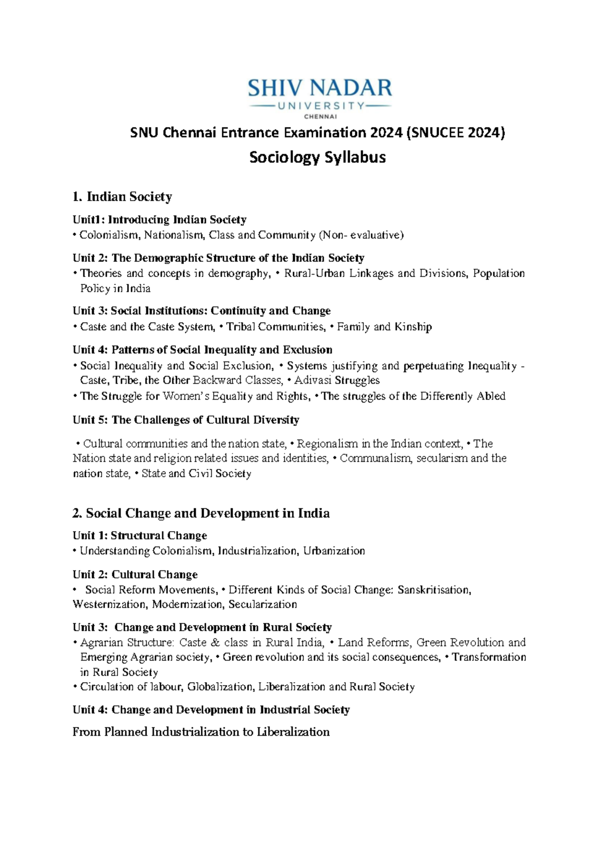 Sociology-Syllabus- Snucee-2024 2 - SNU Chennai Entrance Examination ...