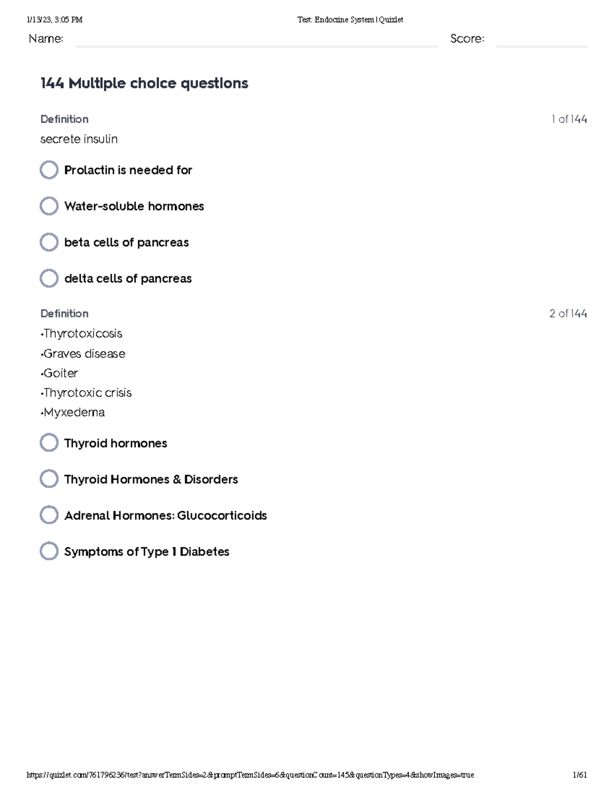 Test Endocrine System Practice - Name: Score: 144 Multiple choice ...