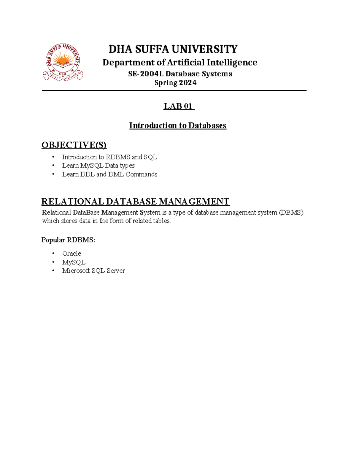 Lab 01-Spring 2024 update - DHA SUFFA UNIVERSITY Department of Artificial Intelligence SE-2004L ...