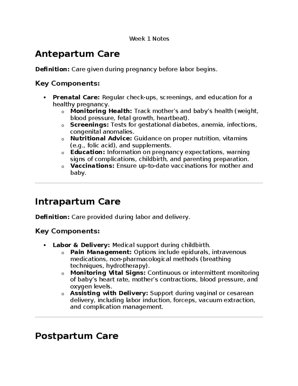Week 1 Study Guide for Quiz - Week 1 Notes Antepartum Care Definition ...