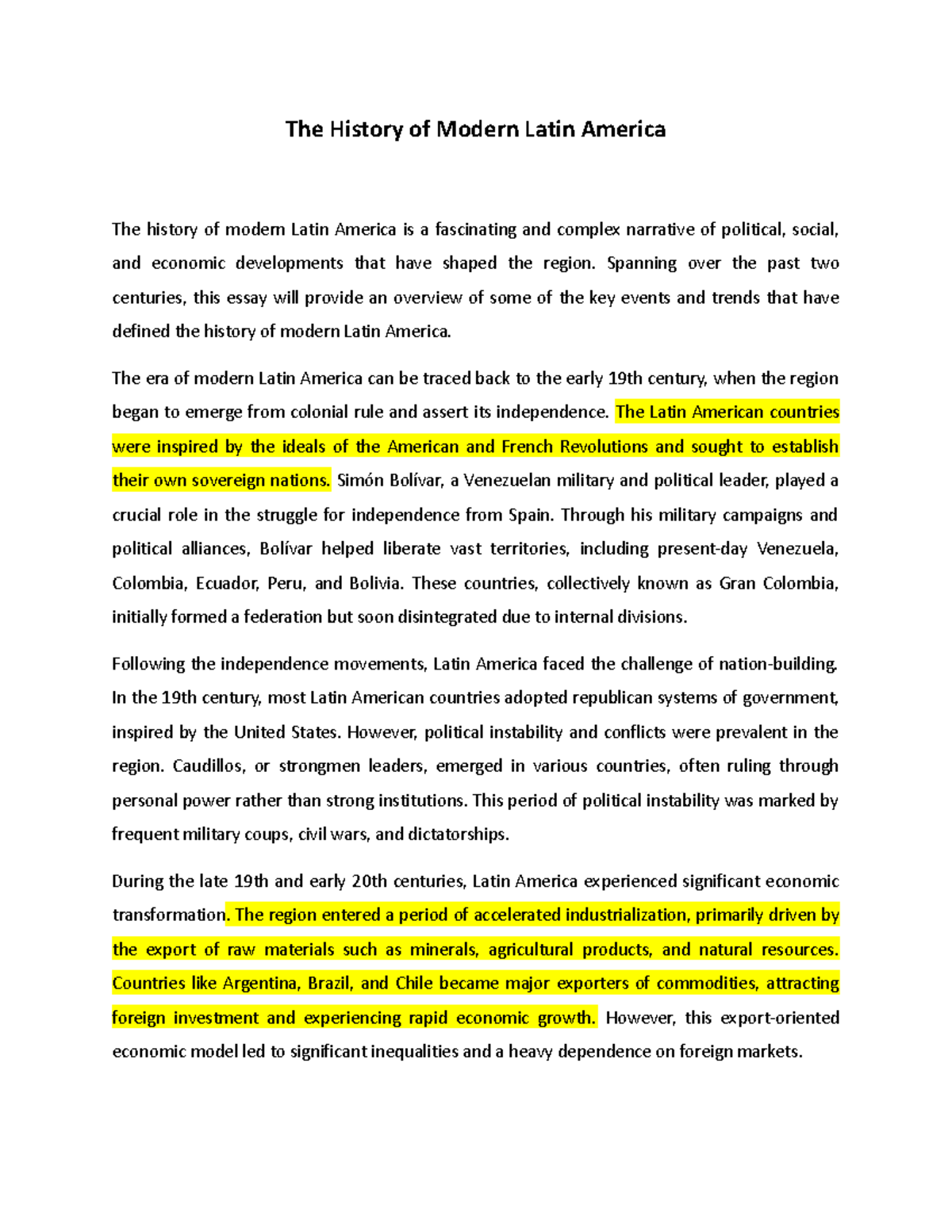 The History of Modern Latin America -lecture notes - The History of ...