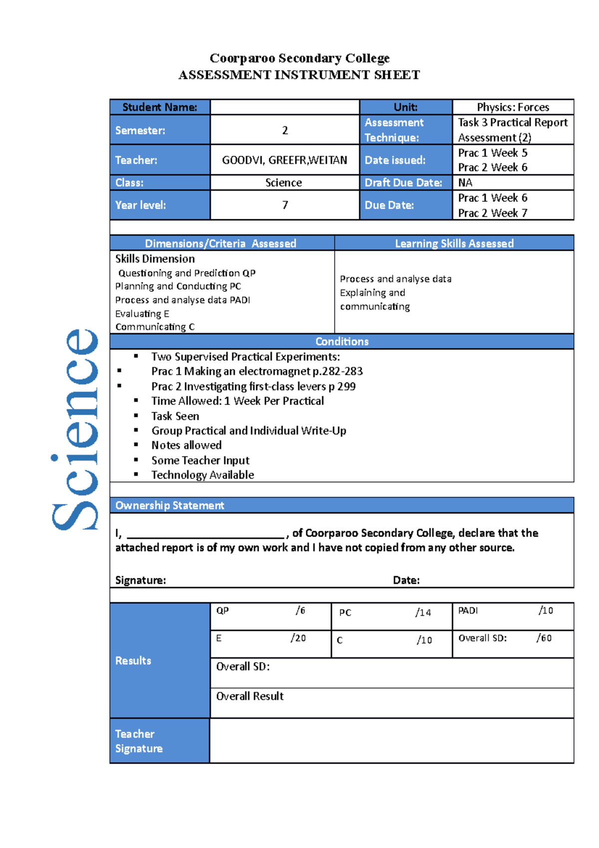 Year 7 science prac reports 2017 cover sheet - Coorparoo Secondary ...