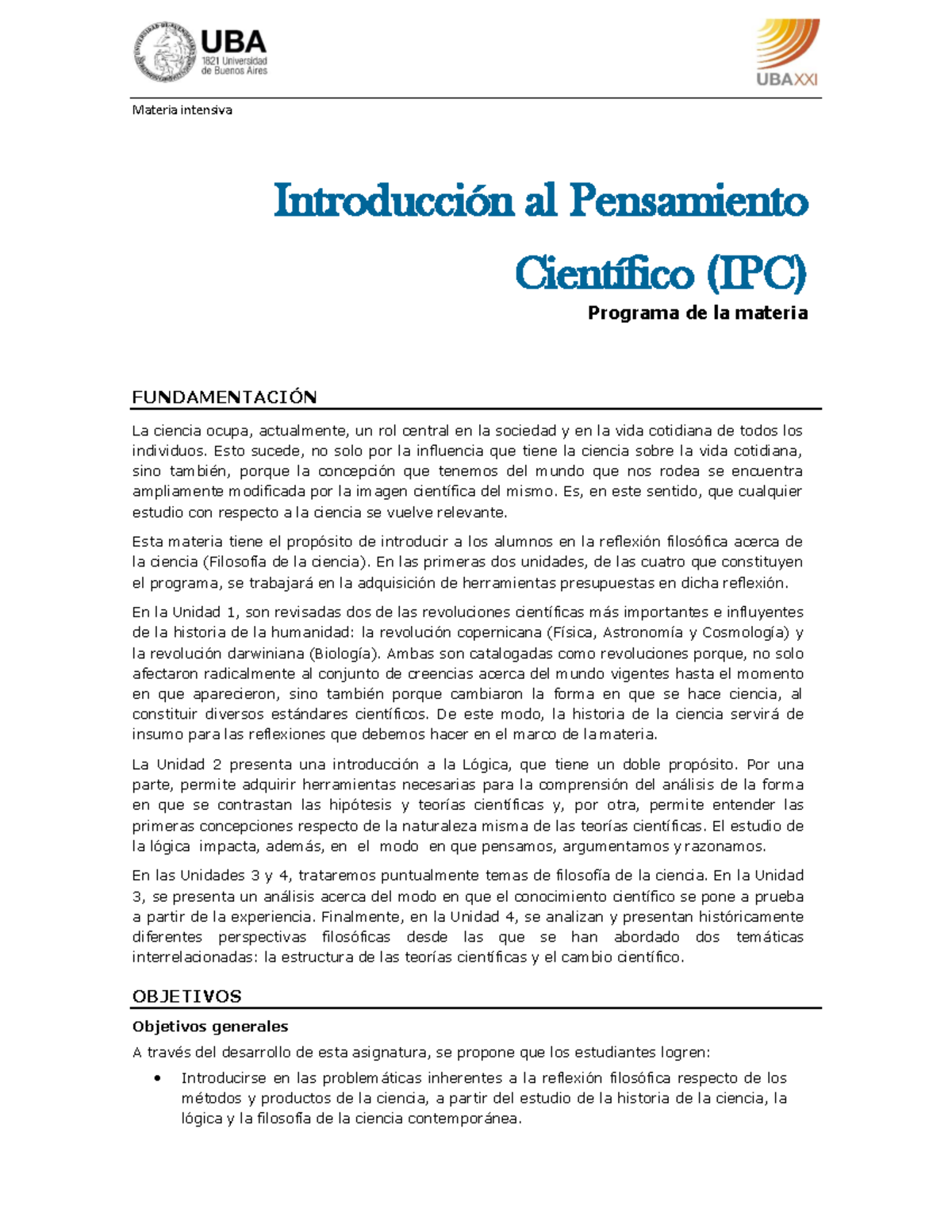IPC Programa CIV 2020 - Materia intensiva Introducción al Pensamiento Científico (IPC) Programa ...
