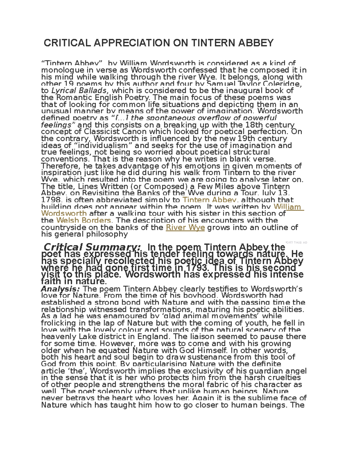 Tintern abby critic - CRITICAL APPRECIATION ON TINTERN ABBEY “Tintern ...