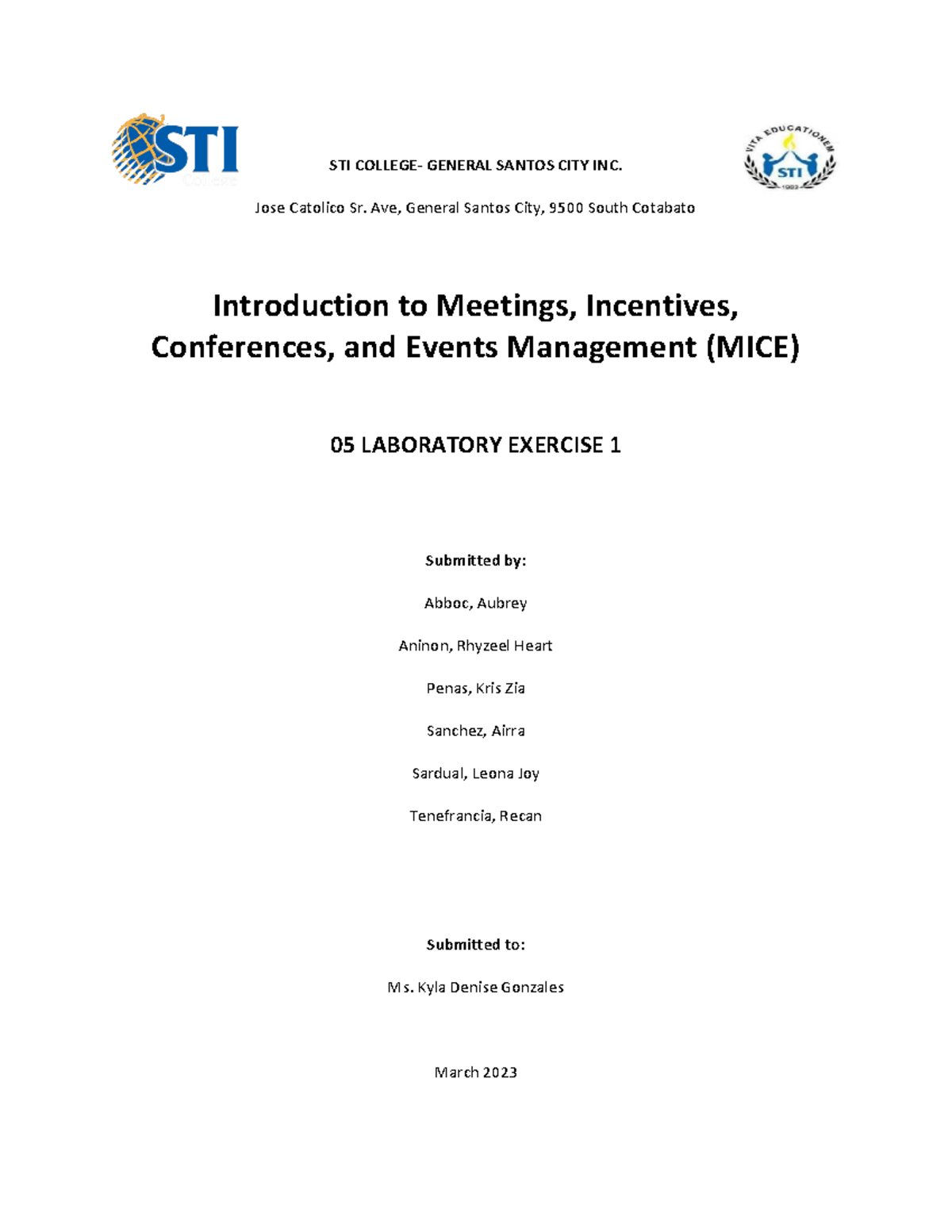 05 Laboratory Exercise 1 - STI COLLEGE- GENERAL SANTOS CITY INC. Jose Catolico Sr. Ave, General ...