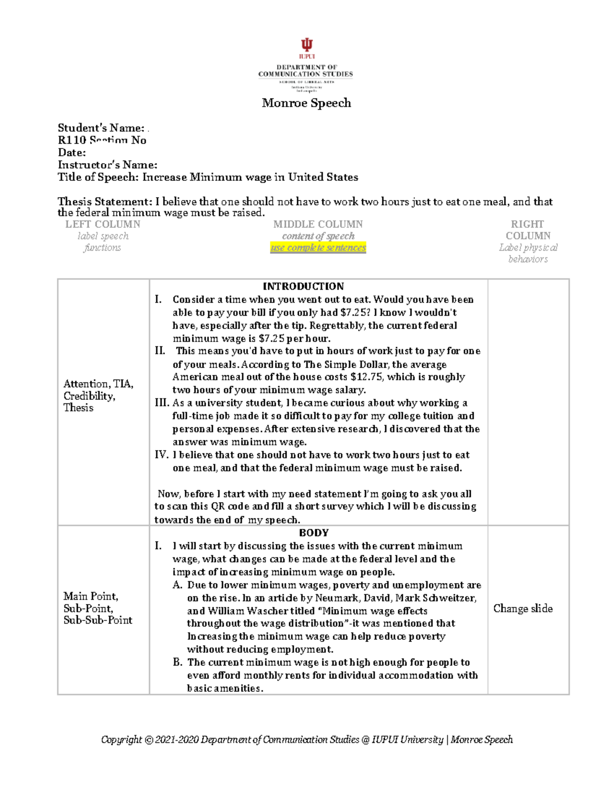 Monroe Persuasion Speech - Monroe Speech Student's Name: AMANAT BASRA ...