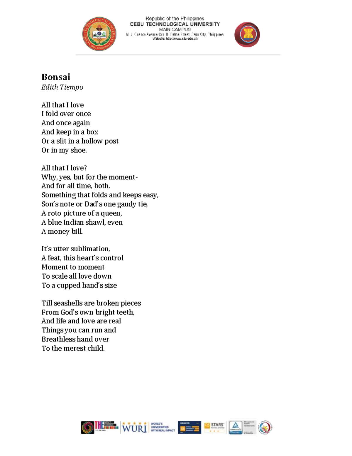 Bonsai Poem - Bonsai Edith Tiempo All that I love I fold over once And ...