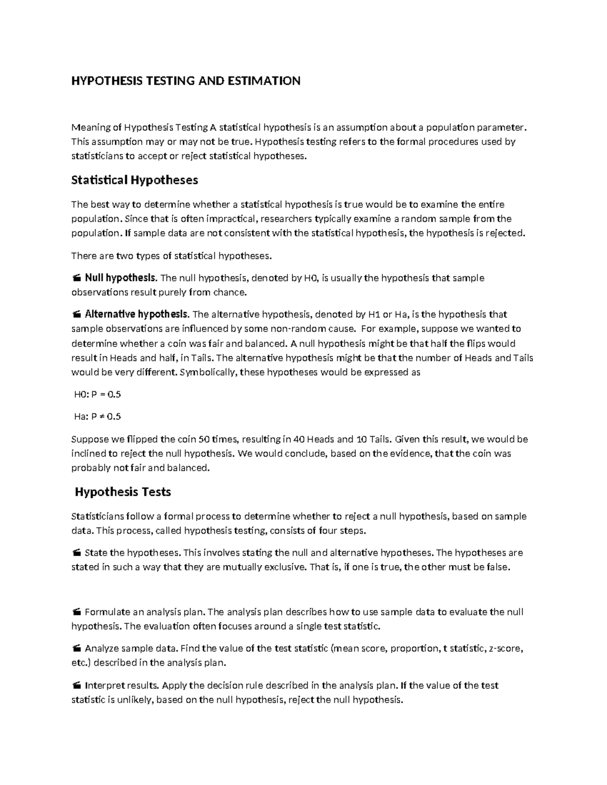 Hypothesis Testing And Estimation Hypothesis Testing And Estimation