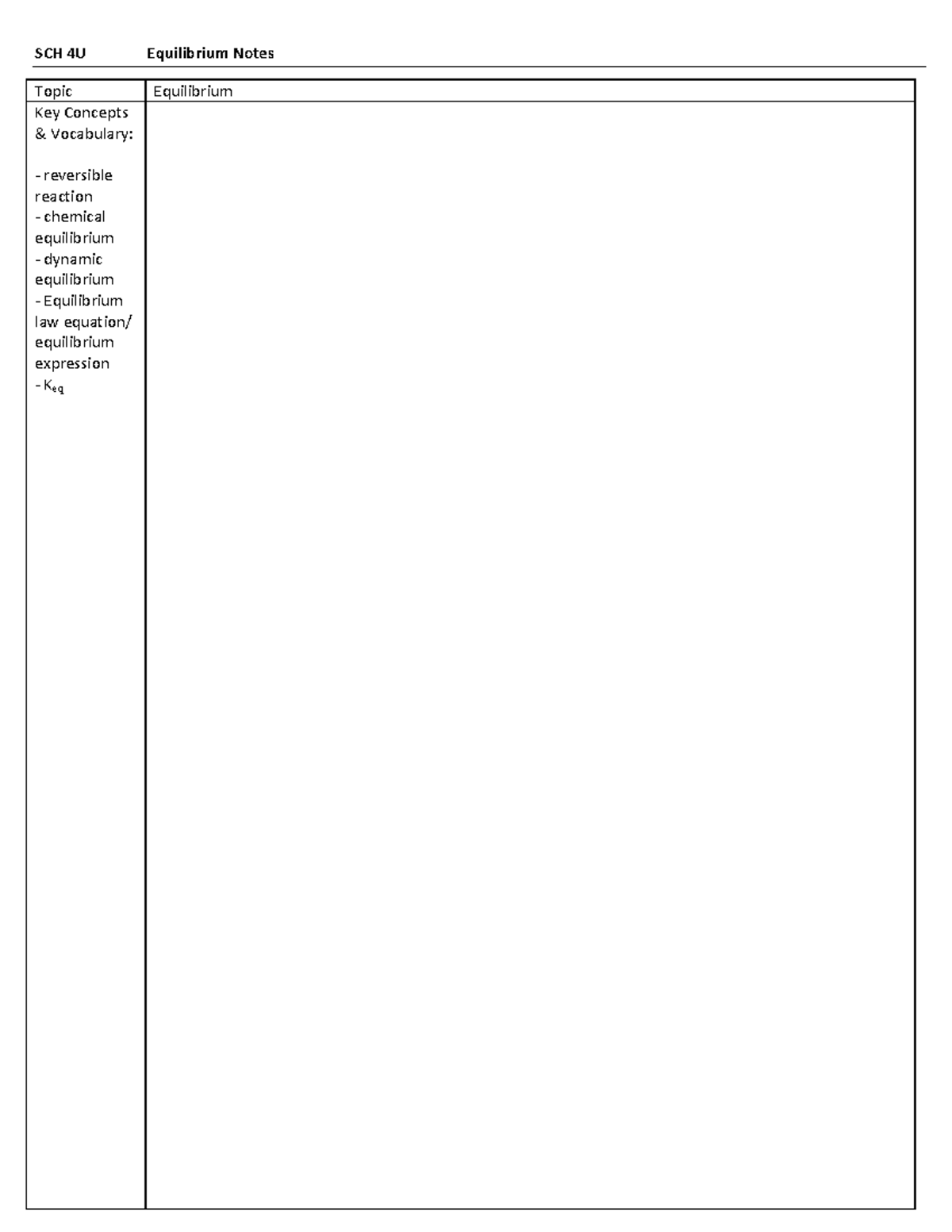 Equilibrium Notes 2021 - SCH 4U Equilibrium Notes Topic Equilibrium Key ...