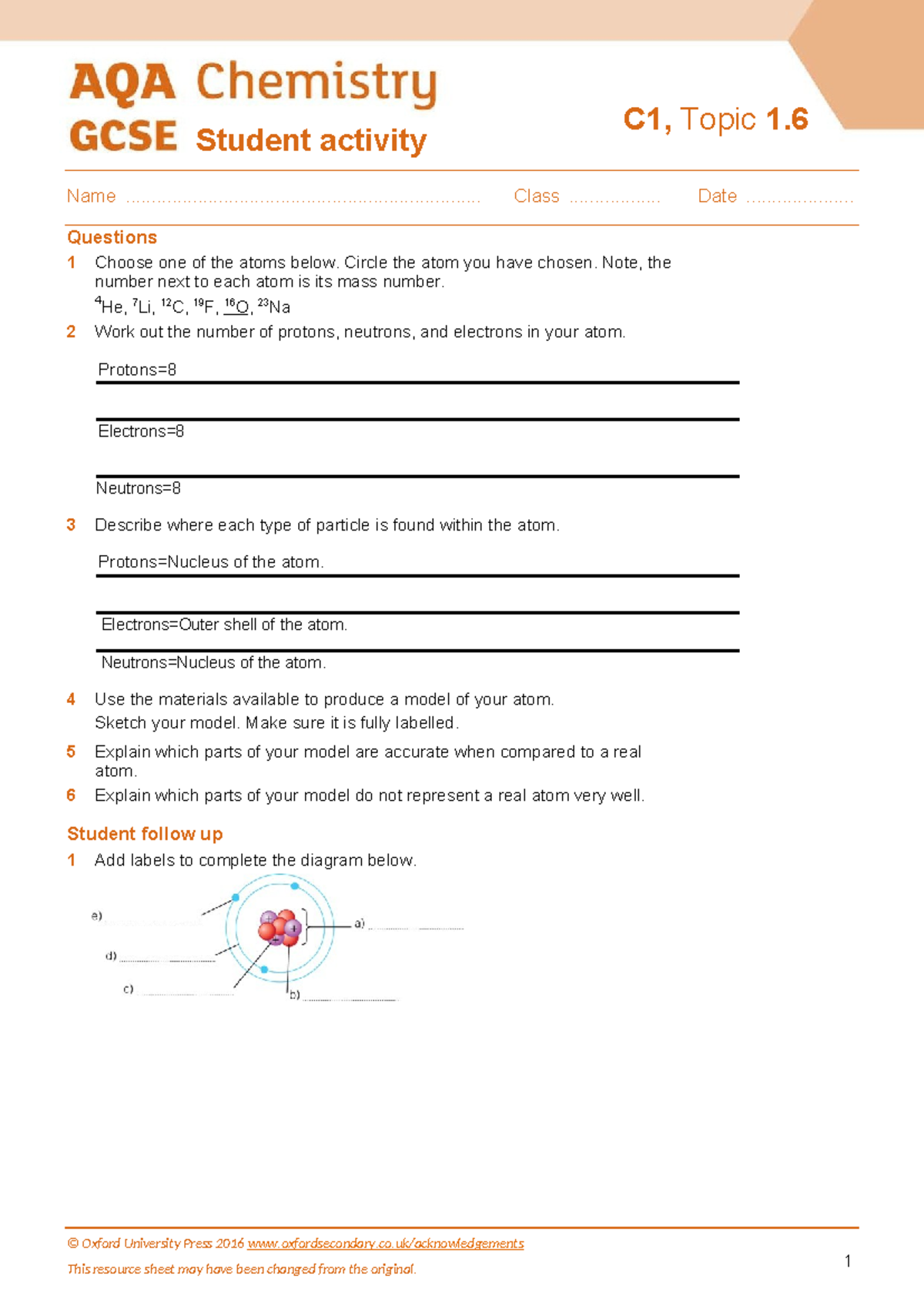 Model of an atom - C1, Topic 1. Student activity © Oxford University Press 2016 - Studocu