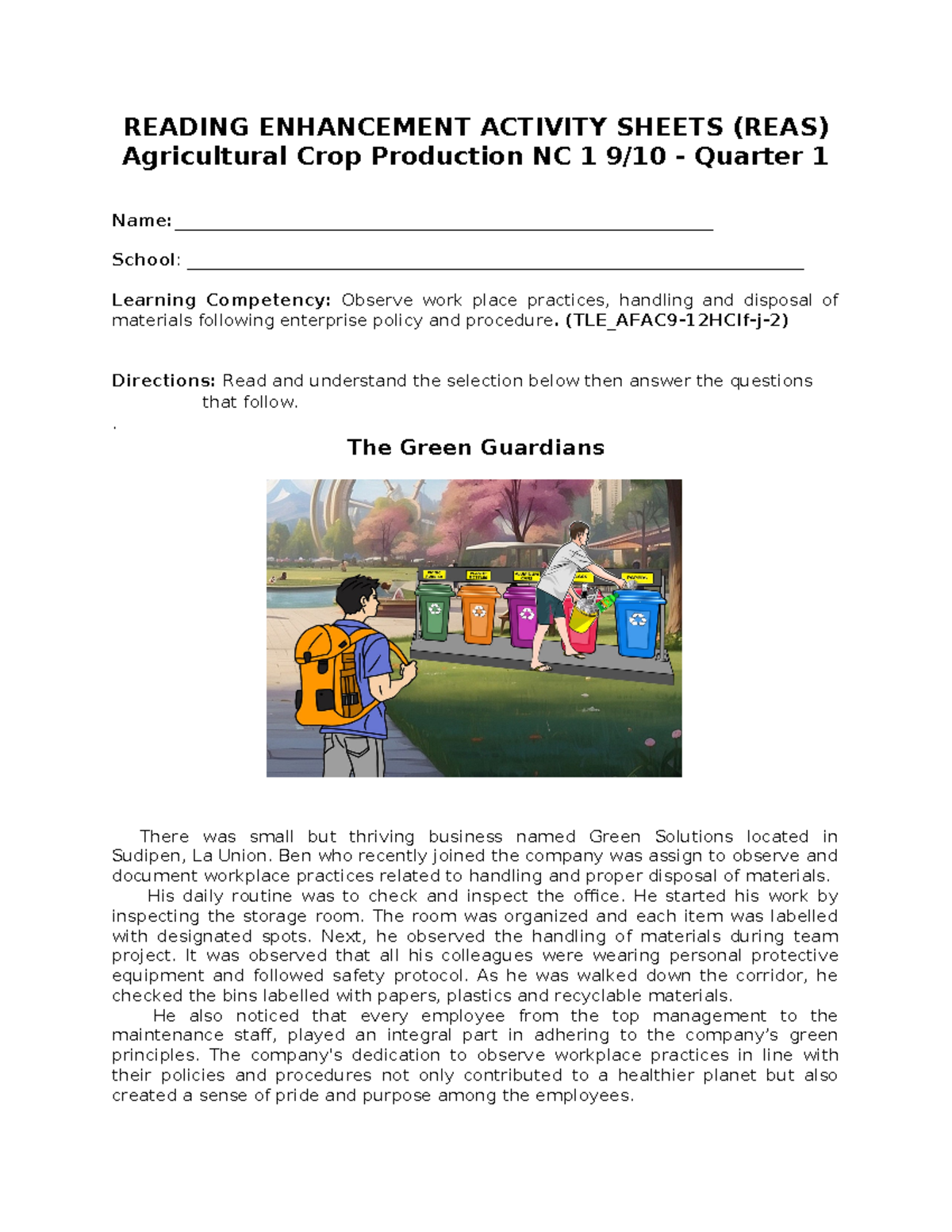 LO2 - YES - READING ENHANCEMENT ACTIVITY SHEETS (REAS) Agricultural Crop Production NC 1 9/10 ...