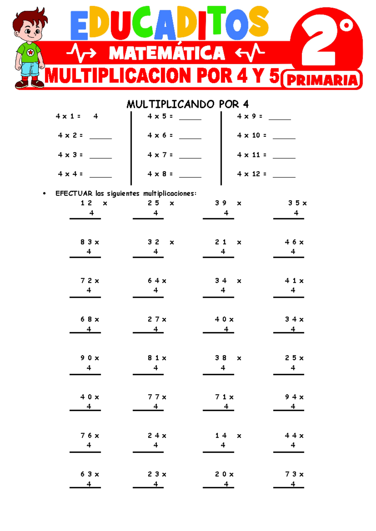 Multiplicacion por 4 y 5 para Segundo Grado de Primaria - MULTIPLICANDO ...