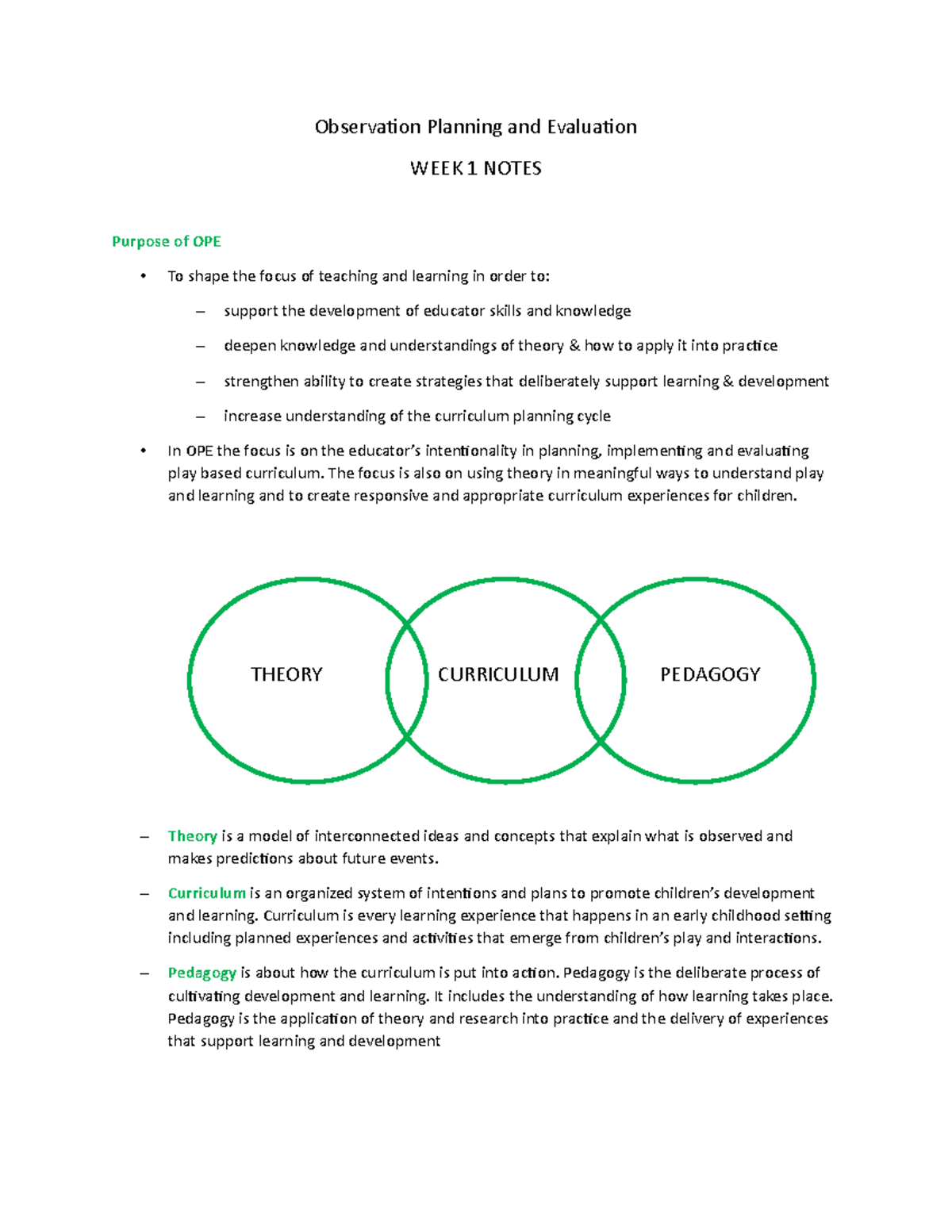 Week 1 notes - Observation Planning and Evaluation WEEK 1 NOTES Purpose ...