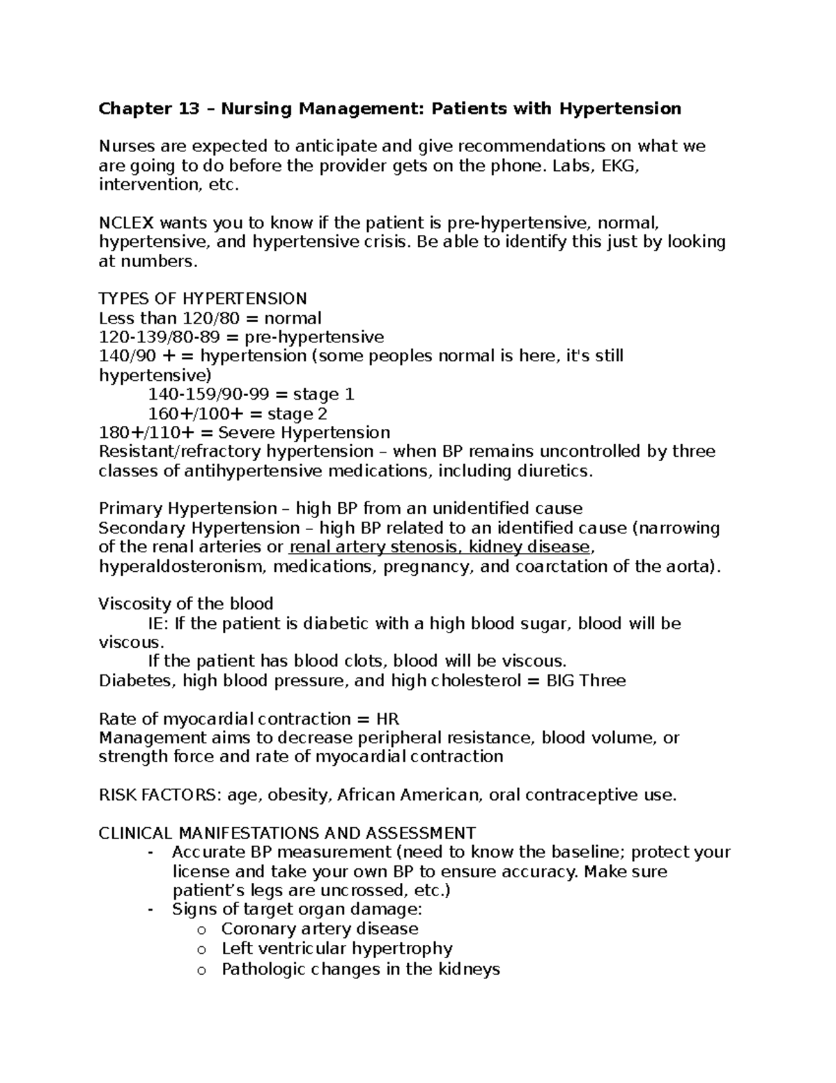 hypertension notes - Chapter 13 – Nursing Management: Patients with ...