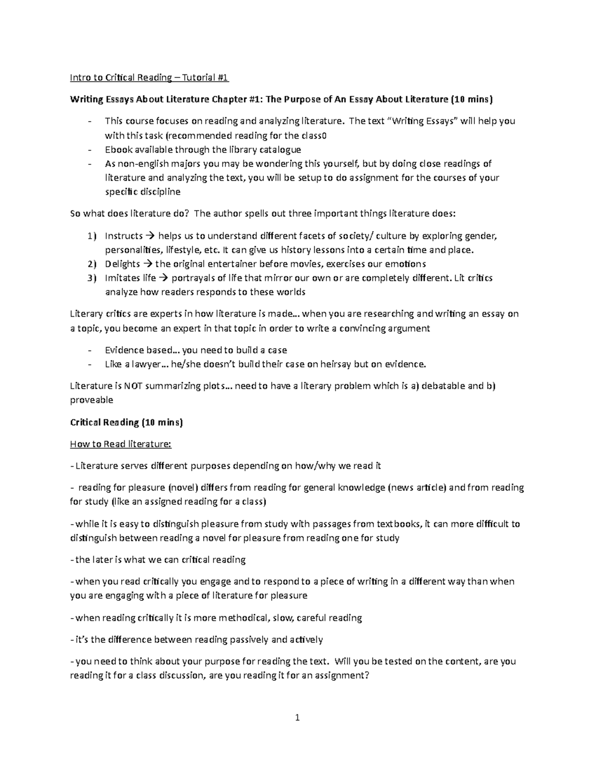 Intro to Critical Reading - The text “Writing Essays” will help you ...